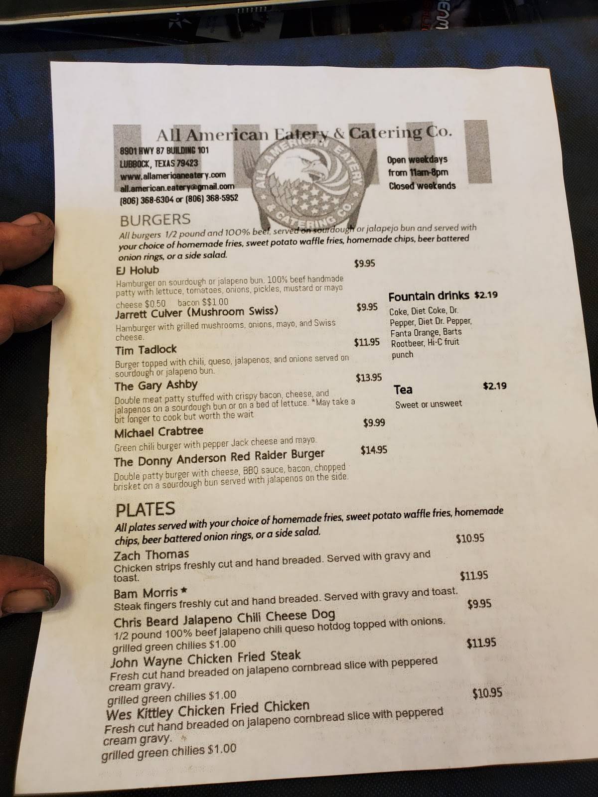 Menu at All American Eatery & Catering Co. restaurant, Lubbock