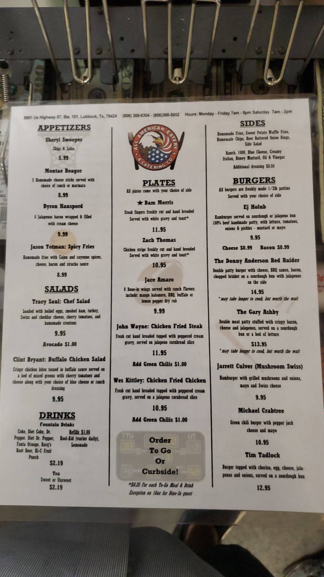 Menu at All American Eatery & Catering Co. restaurant, Lubbock