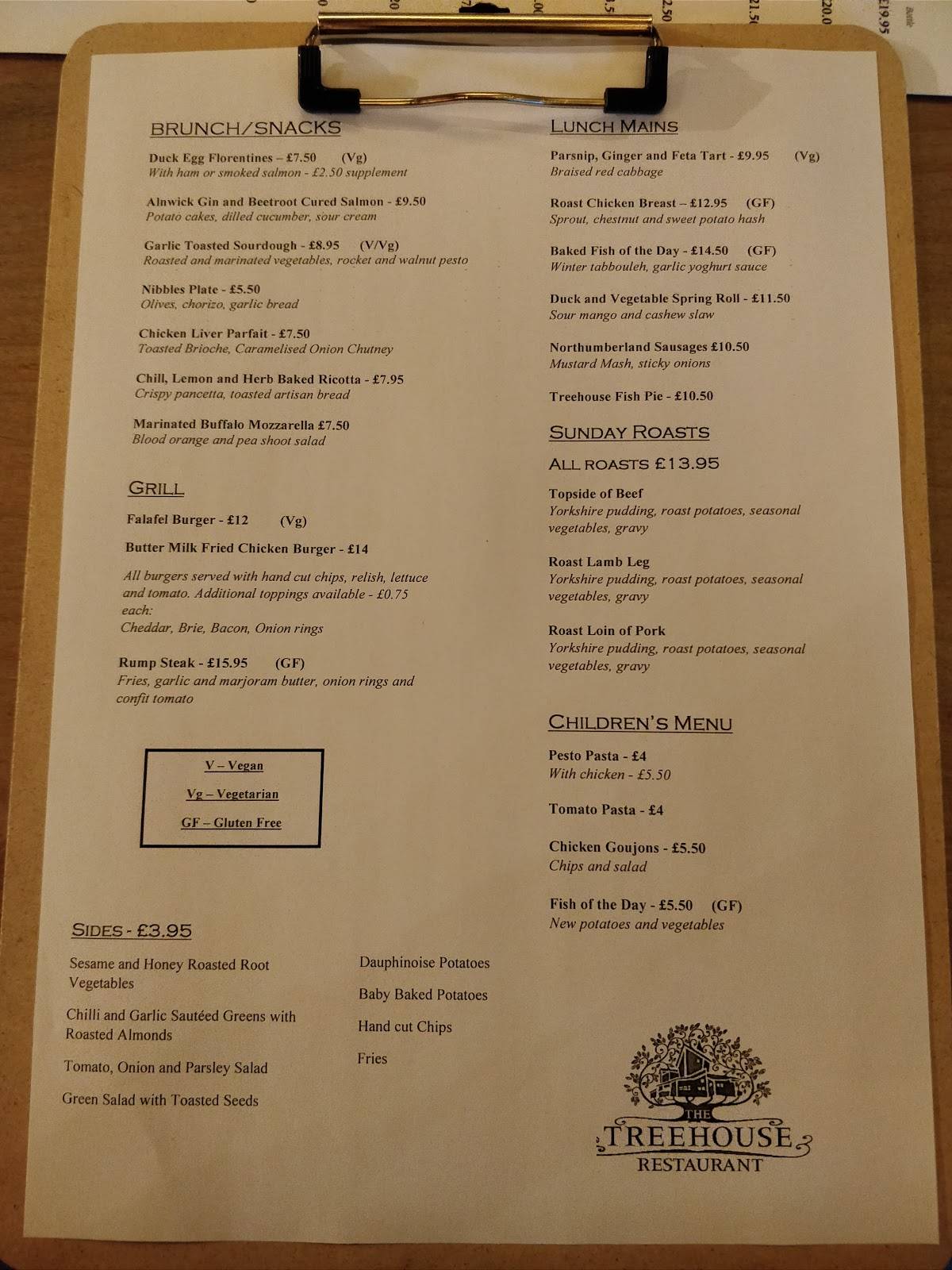 Menu at The Treehouse Restaurant, Alnwick