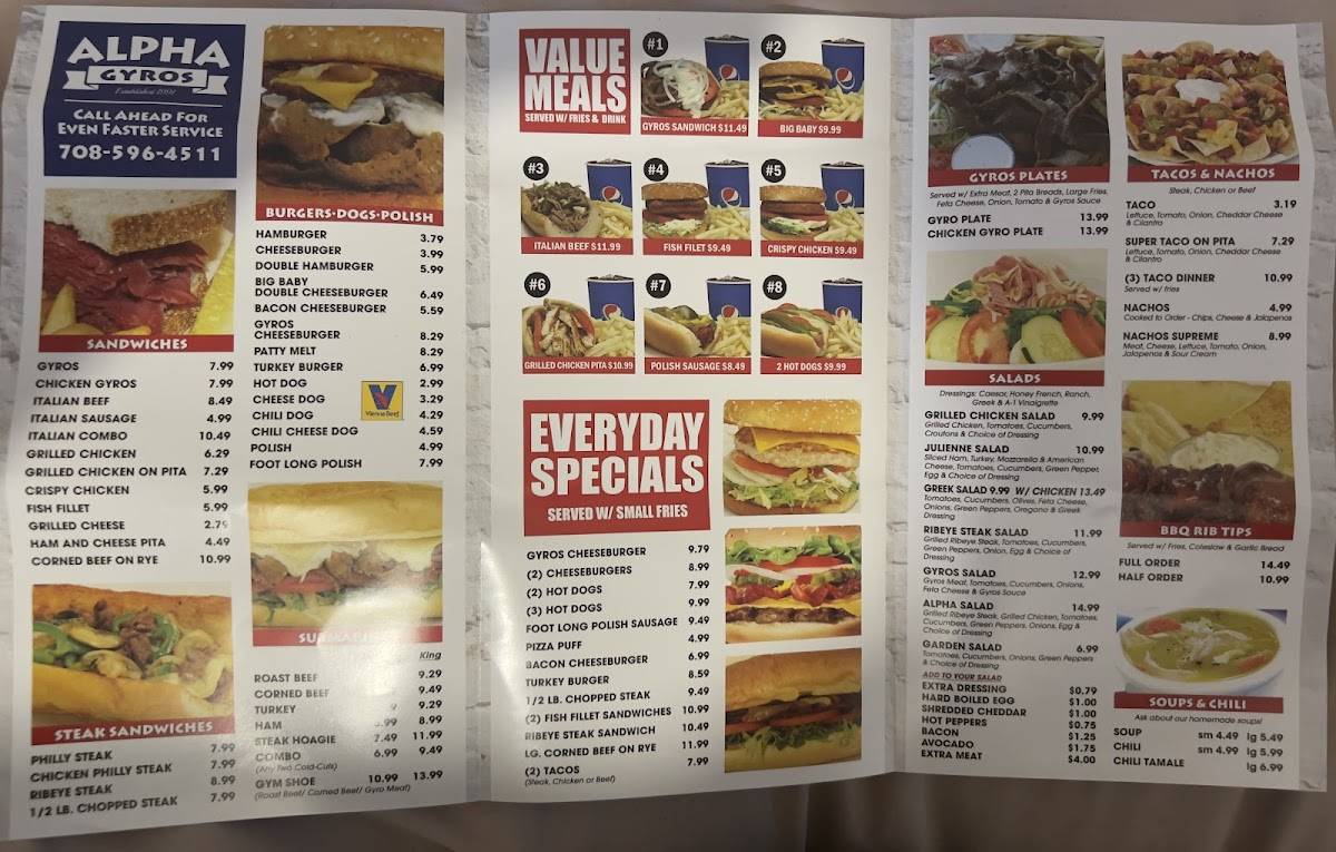 Menu at Alpha Gyros restaurant, Harvey, Dixie Hwy