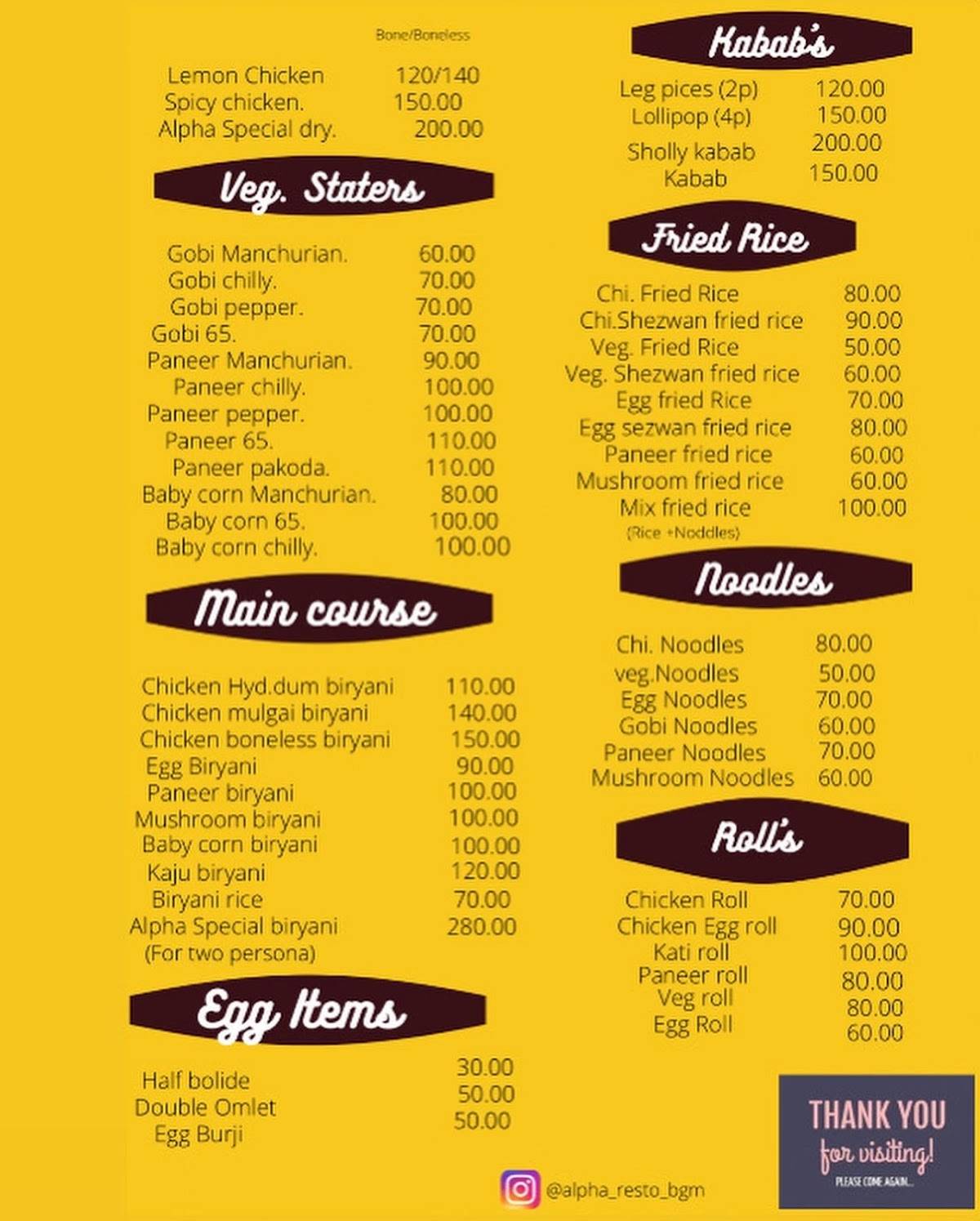 Menu at Alpha Restaurant, Belgaum