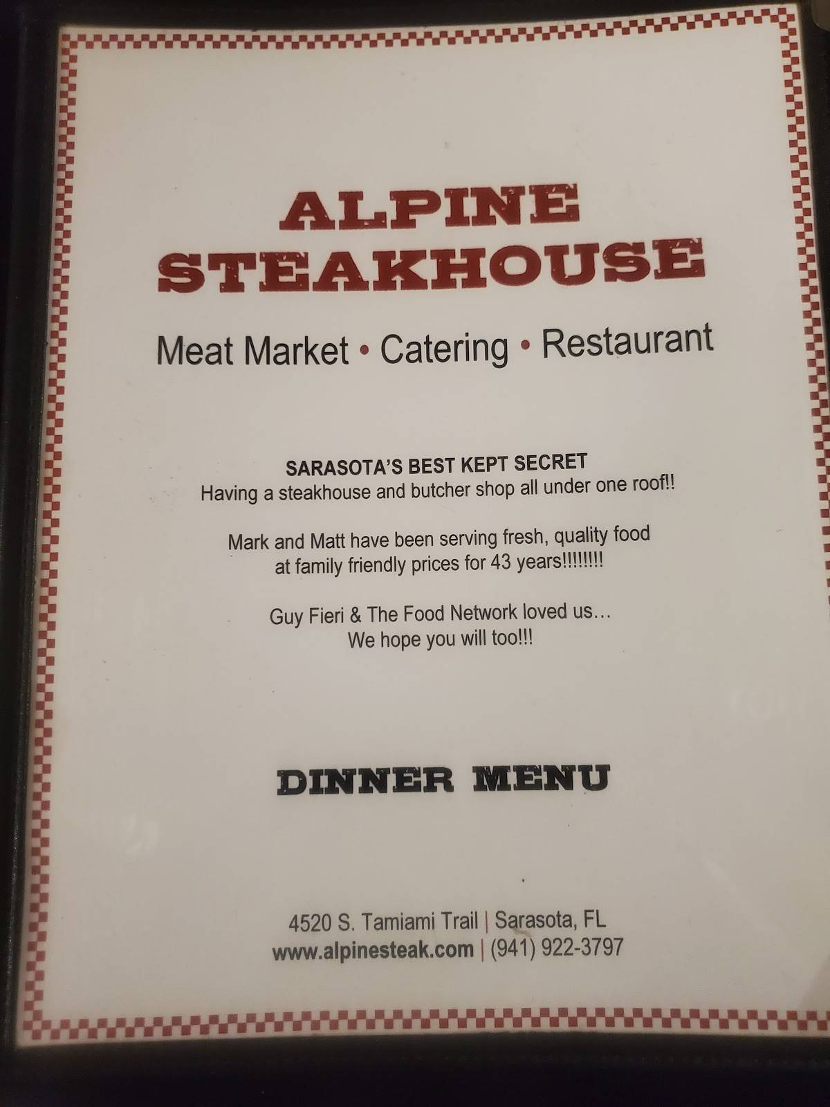 Menu at Alpine Steakhouse and Butcher Shop, Sarasota