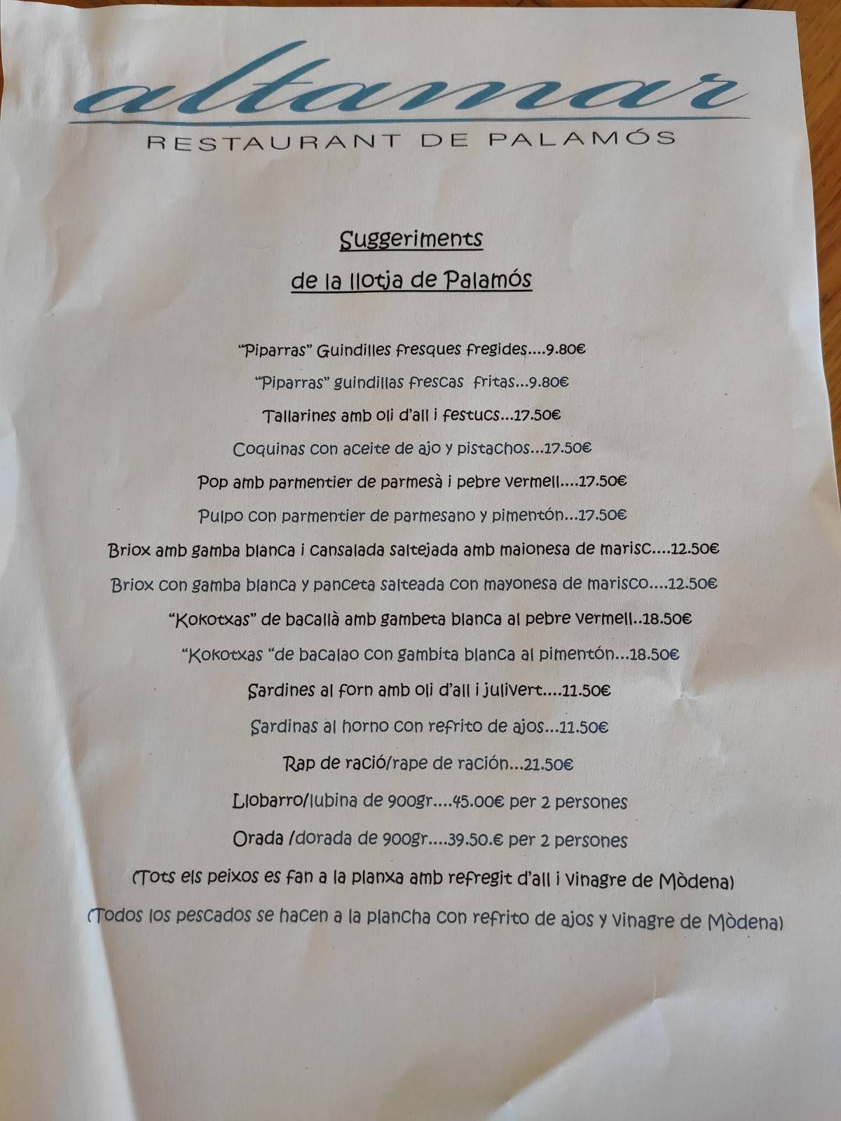 Menu at Altamar restaurant, Palamós