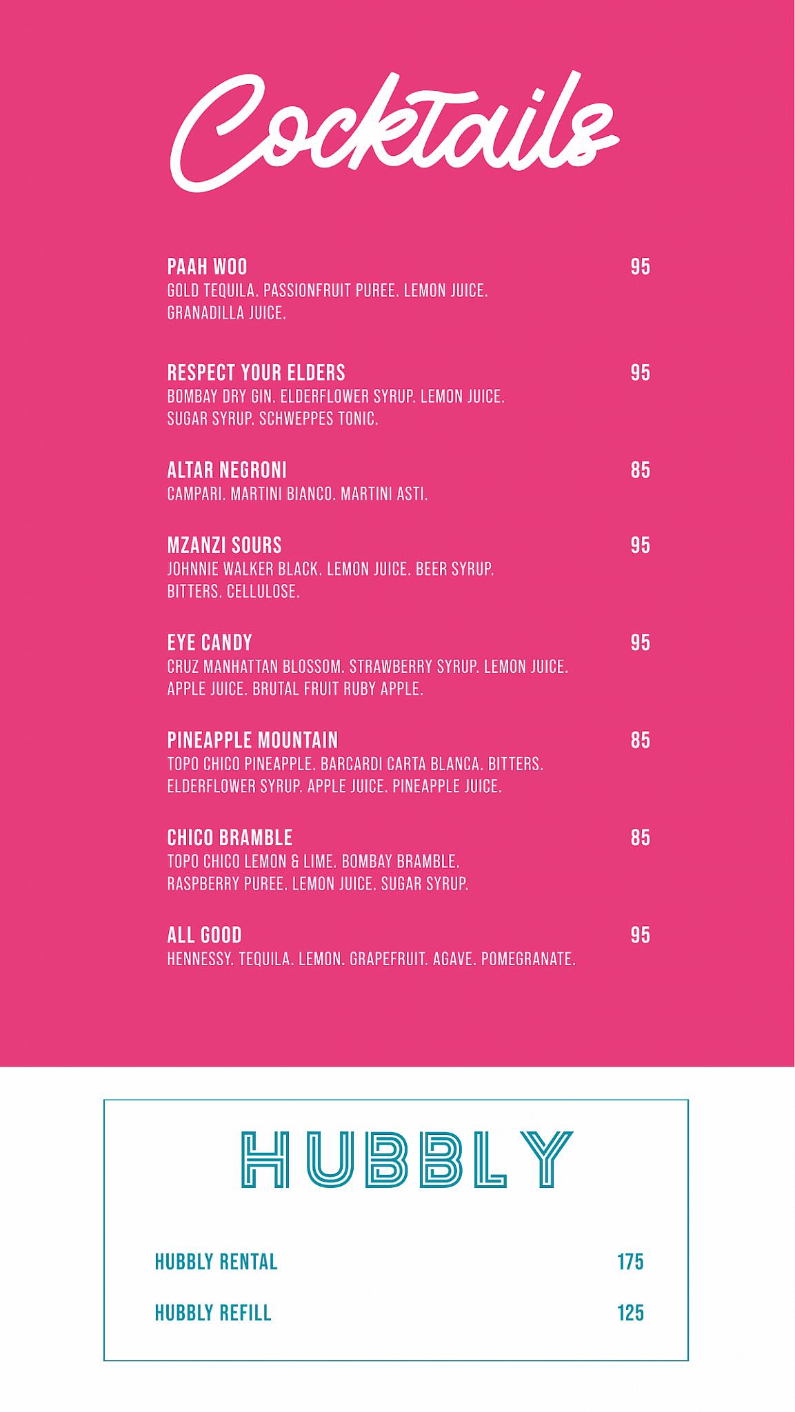 Menu at Altar Bar, Randburg
