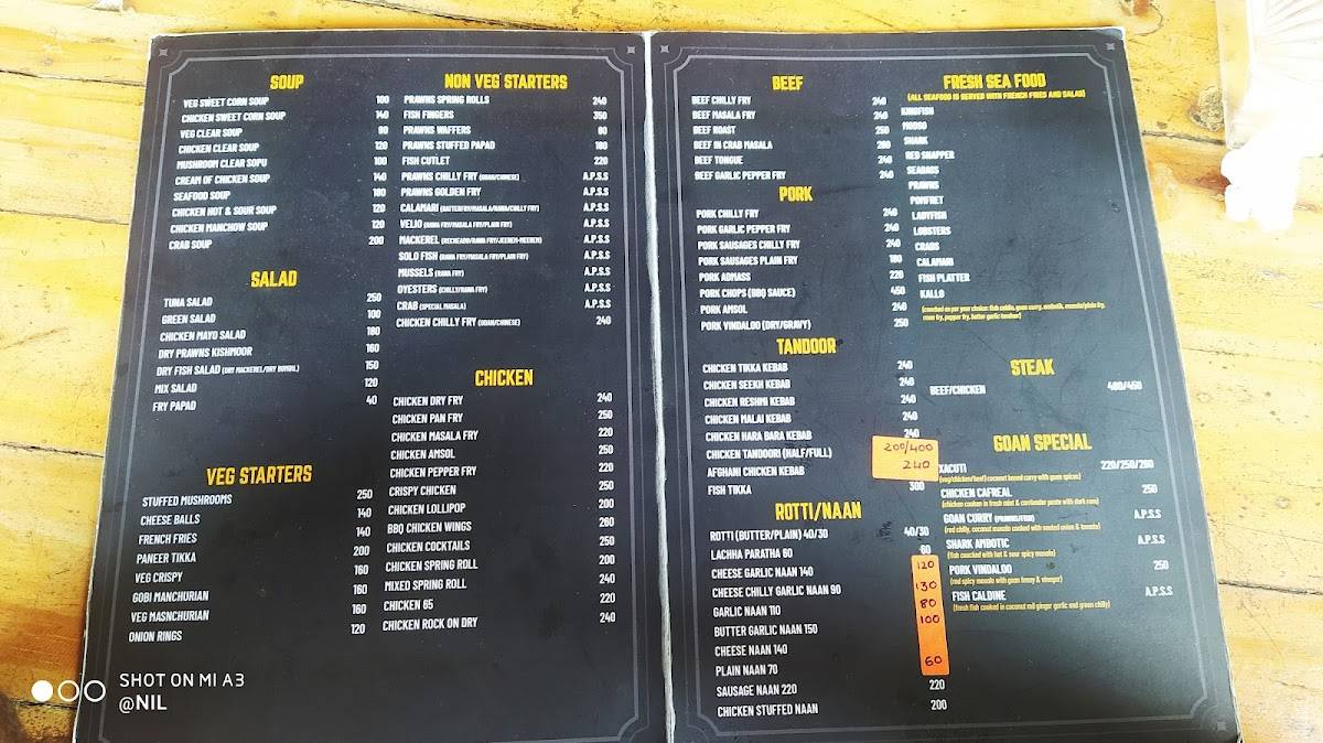 Menu at Alvares restaurant and bar, Verna