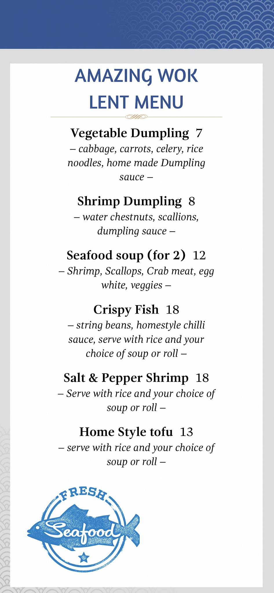 Menu at Amazing Wok Asian cuisine restaurant, Pittsburgh