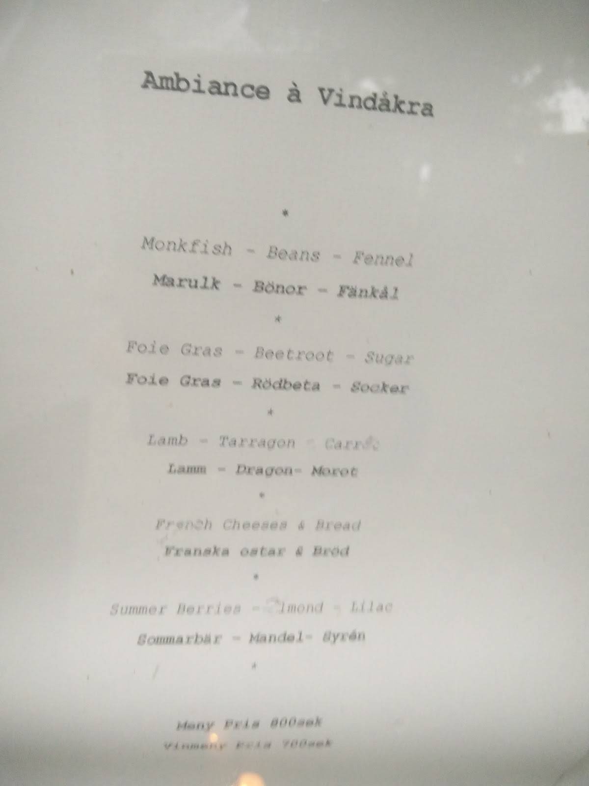 Menu at Ambiance à Vindåkra restaurant, Tygelsjö