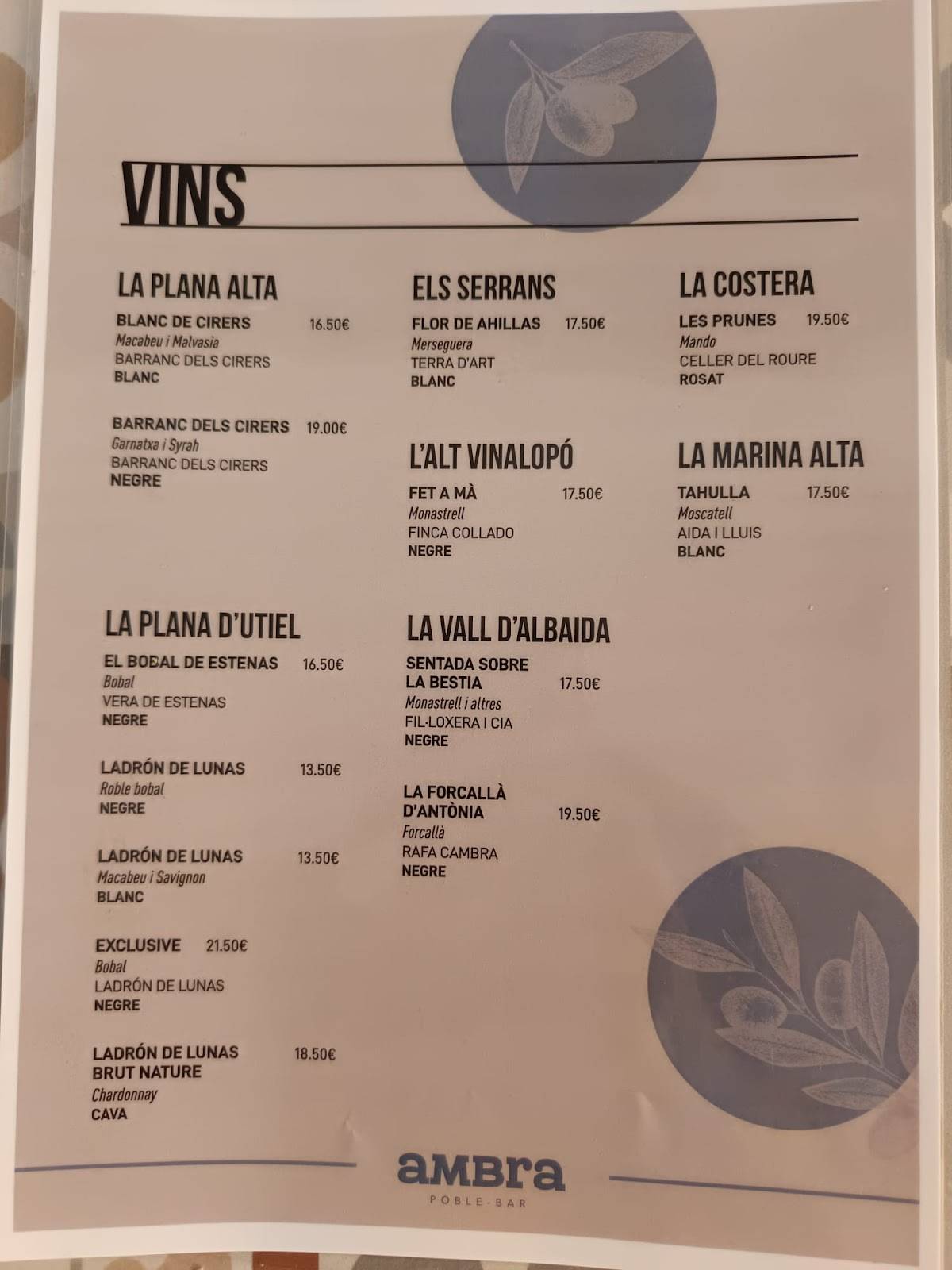 Carta de Ambra Poble-Bar, Valencia