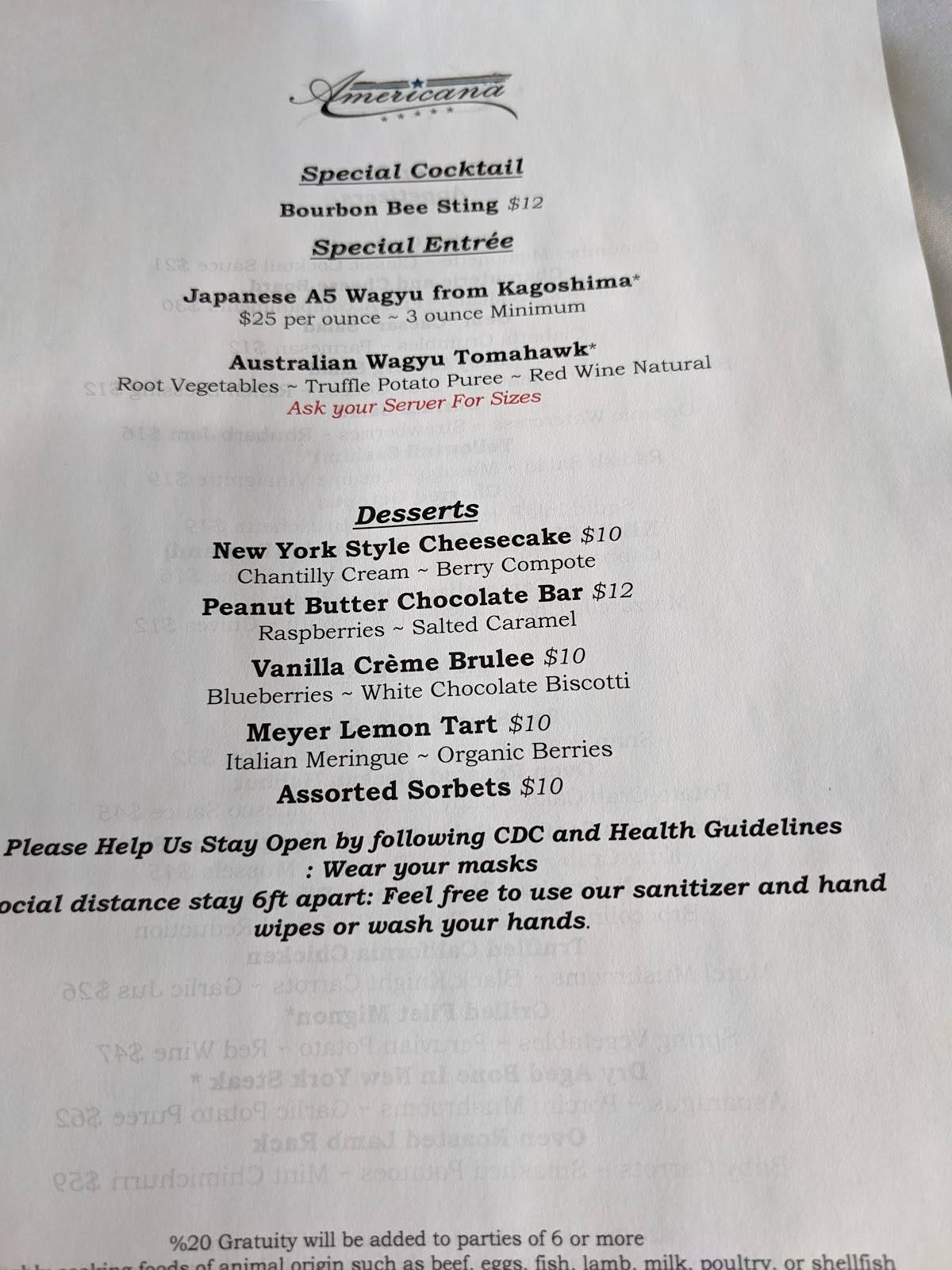 Menu at Americana Restaurant, Las Vegas