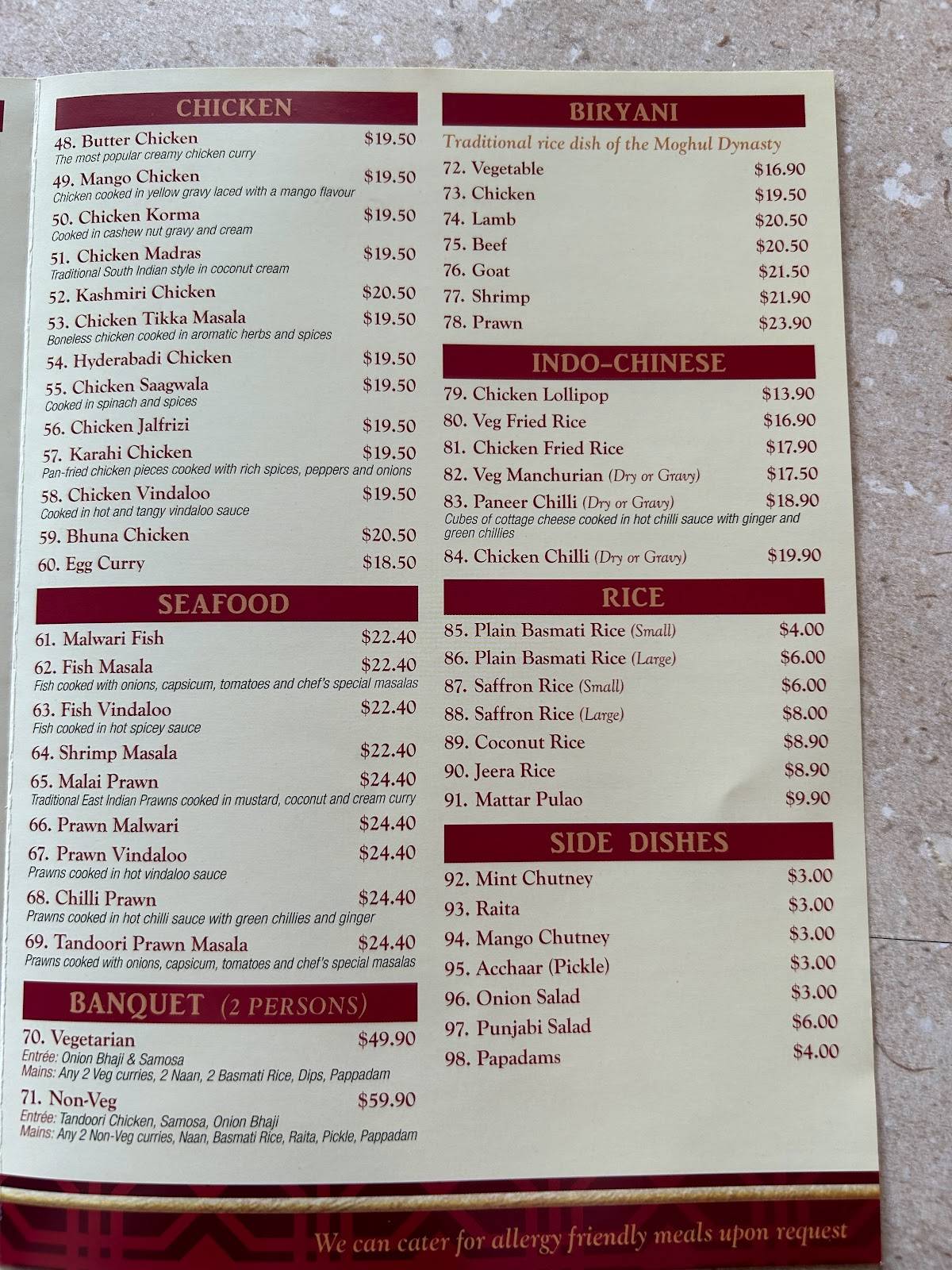 Menu at Amin's Kitchen restaurant, Surfers Paradise