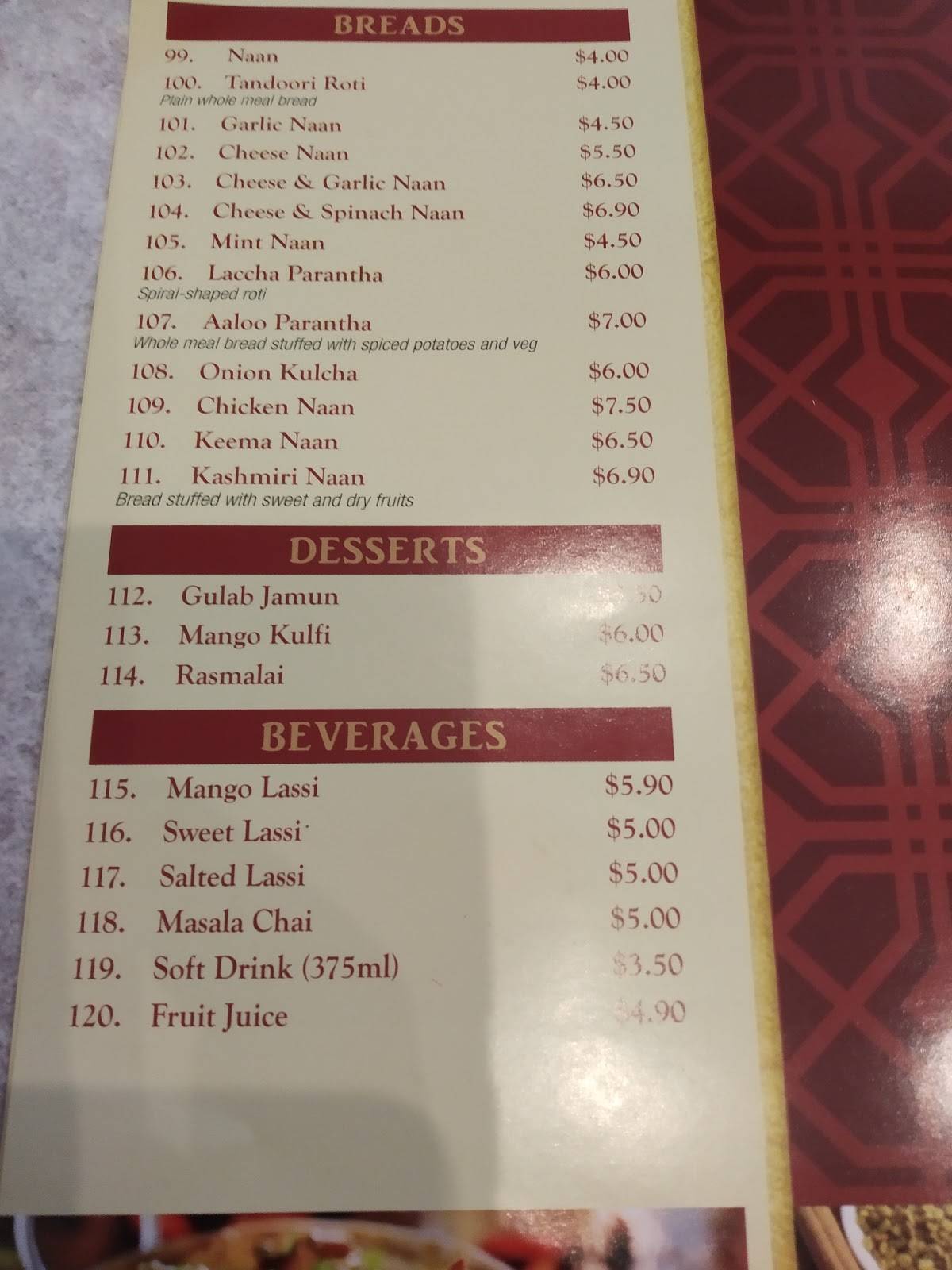 Menu at Amin's Kitchen restaurant, Surfers Paradise