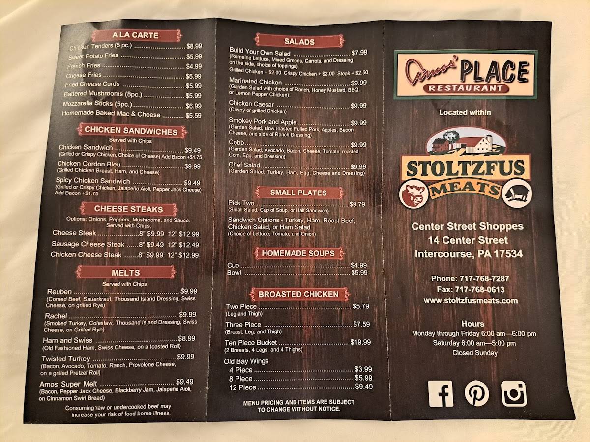 Menu at Amos' Place restaurant, Intercourse, 14 Center St