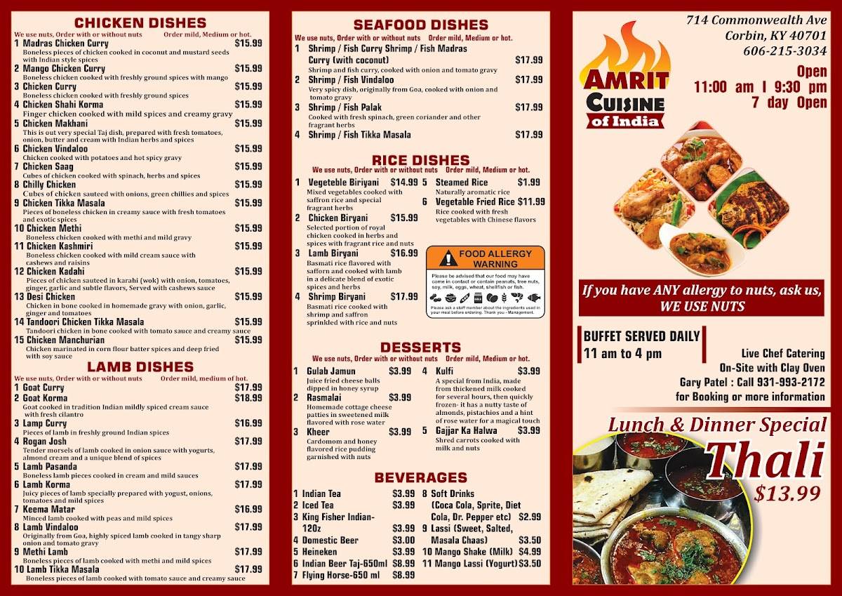 Menu at Amrit Cuisine of India restaurant, Corbin