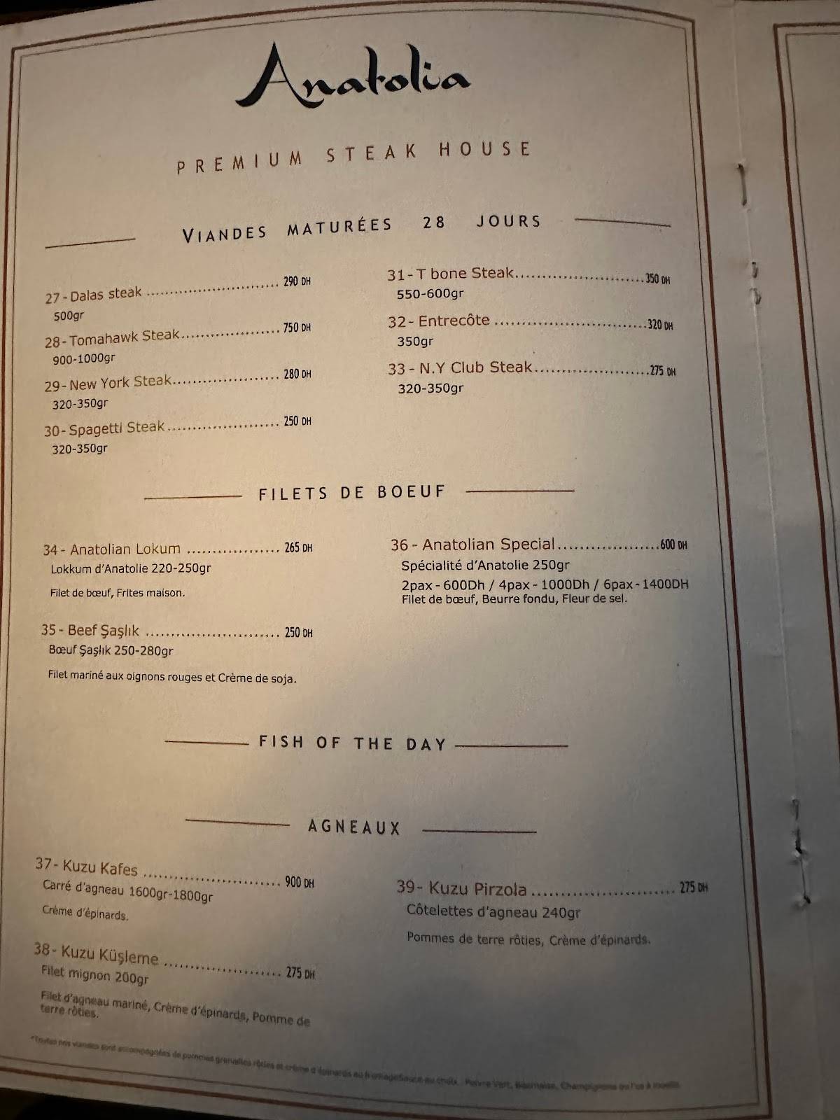 Menu au Anatolia Premium Steakhouse, Casablanca