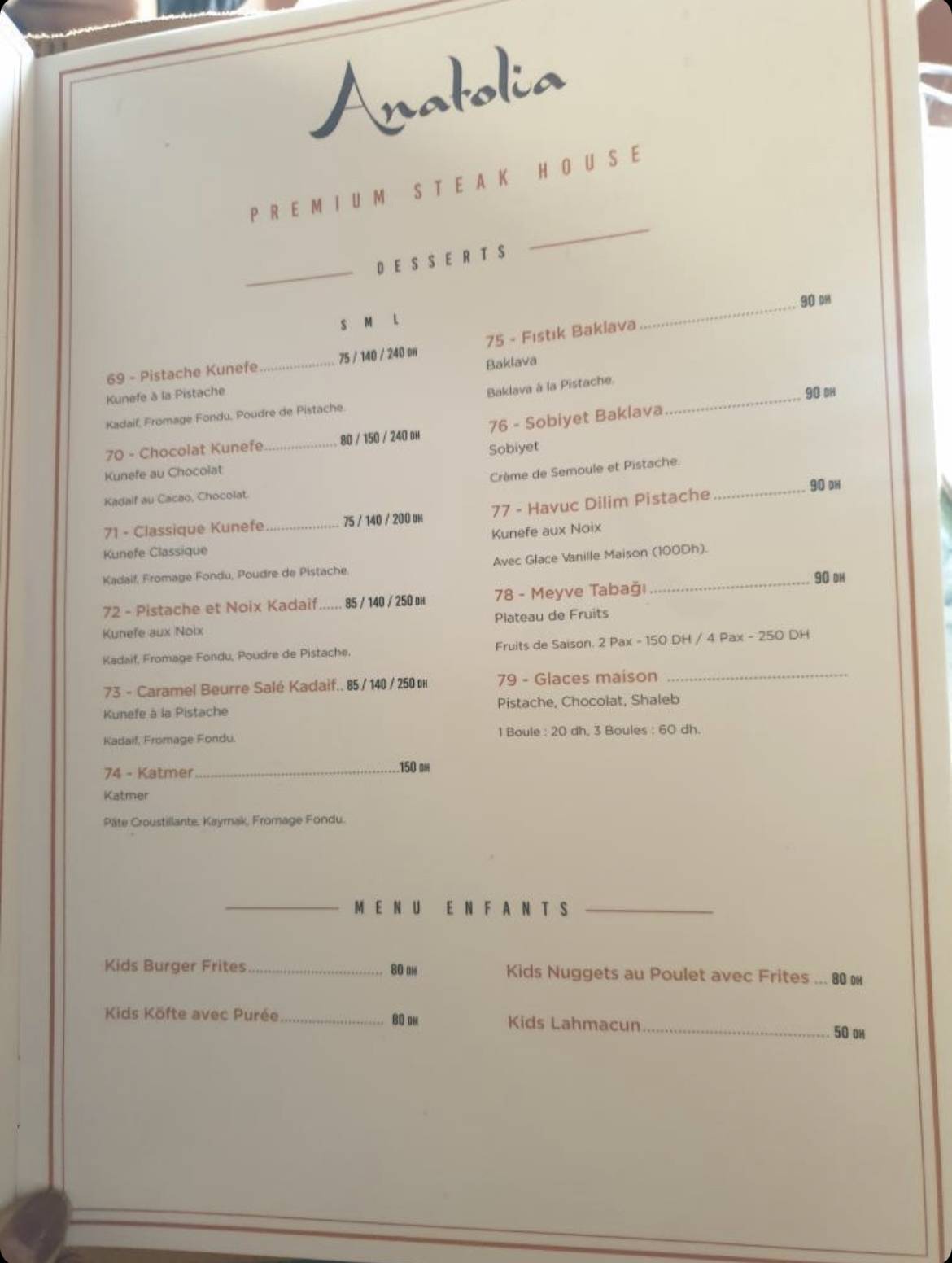 Menu au Anatolia Premium Steakhouse, Casablanca