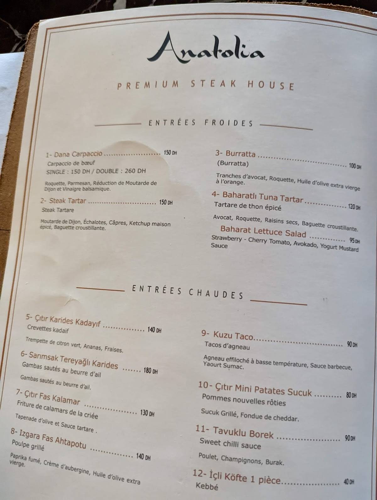 Menu au Anatolia Premium Steakhouse, Casablanca