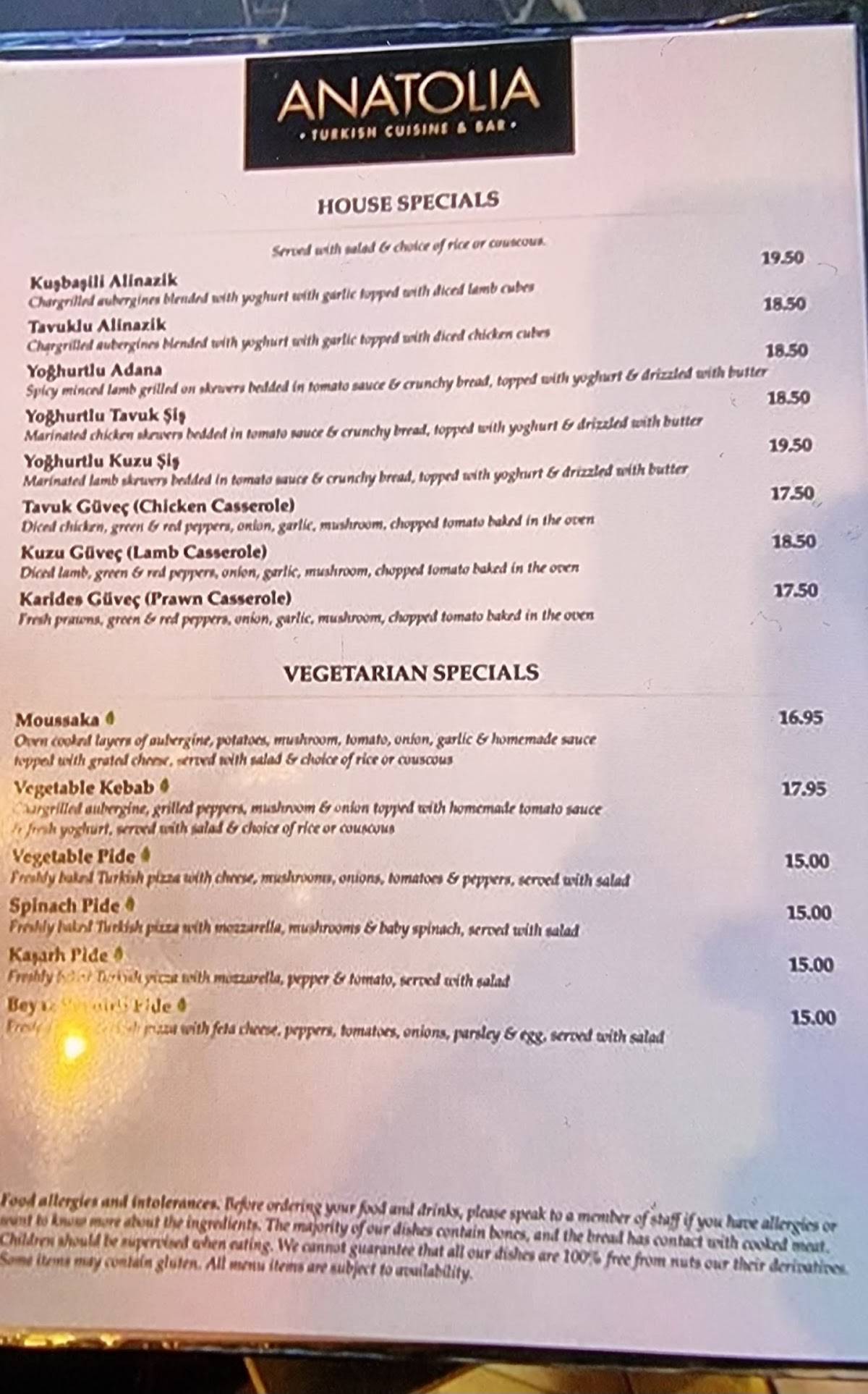 Menu at Anatolia Turkish Cuisine and Bar, Halifax