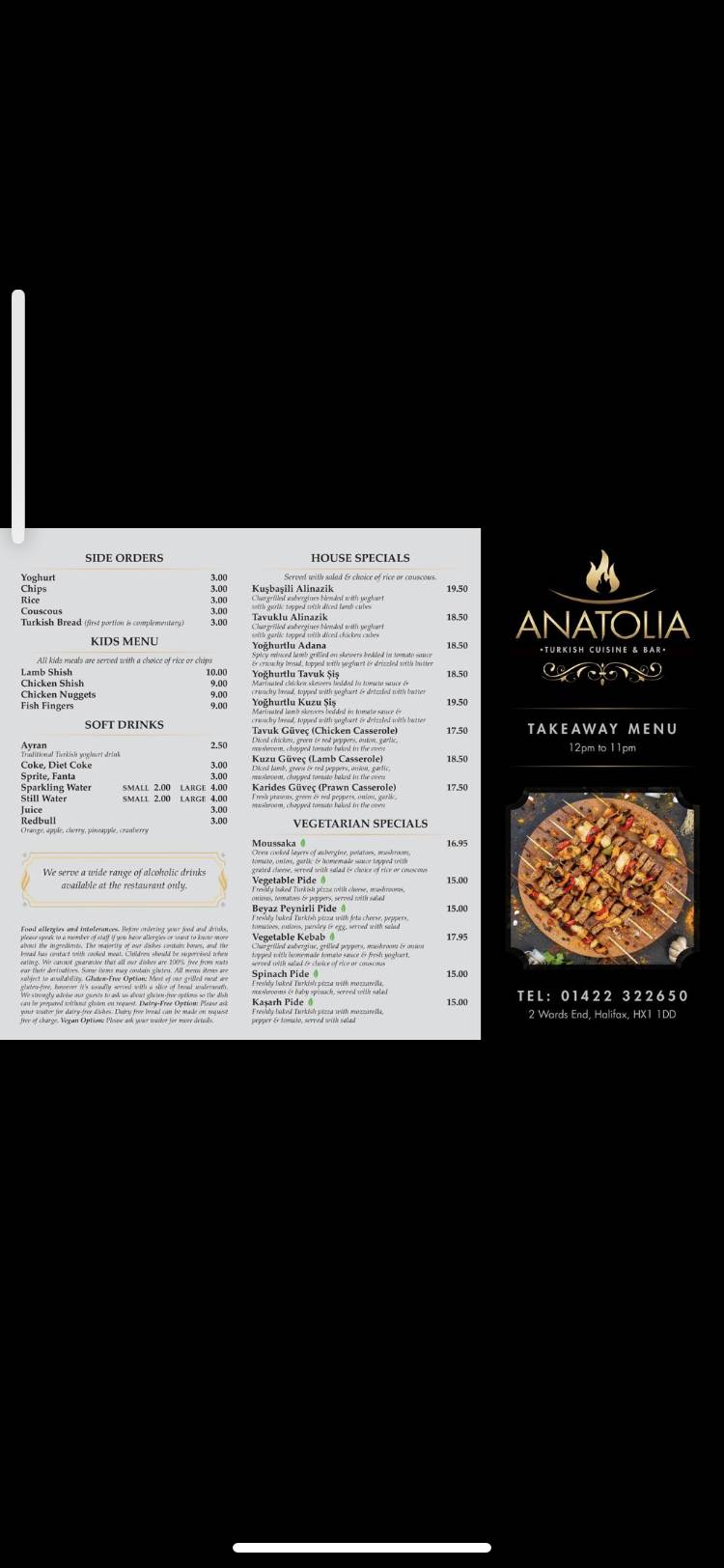 Menu at Anatolia Turkish Cuisine and Bar, Halifax