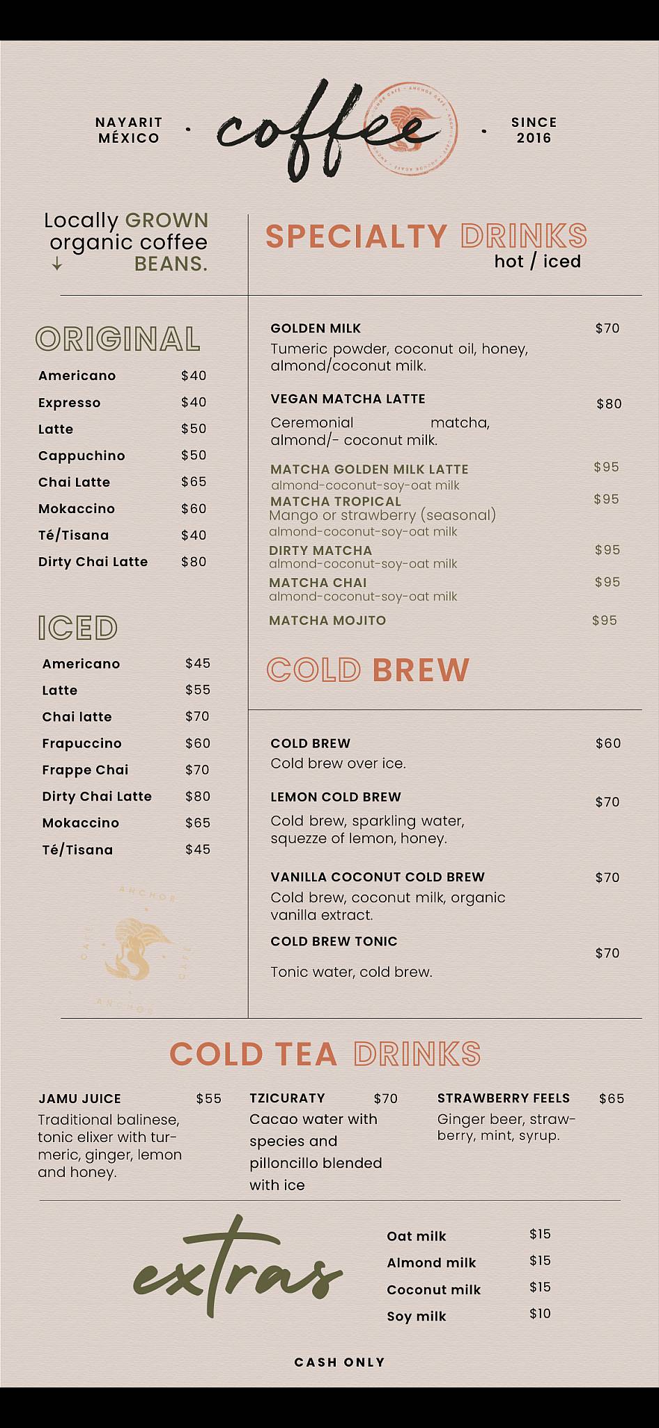 Menu at Anchor Cafe, Sayulita