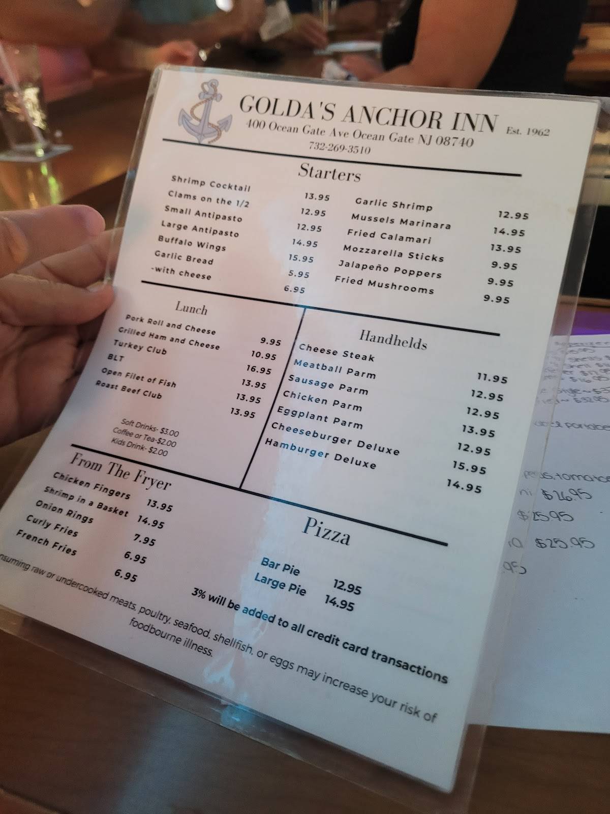 Menu at Anchor Inn pizzeria, Ocean Gate