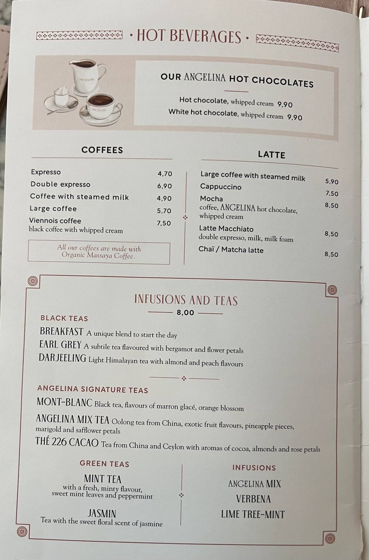 Menu at Angelina restaurant, Paris, 226 Rue de Rivoli