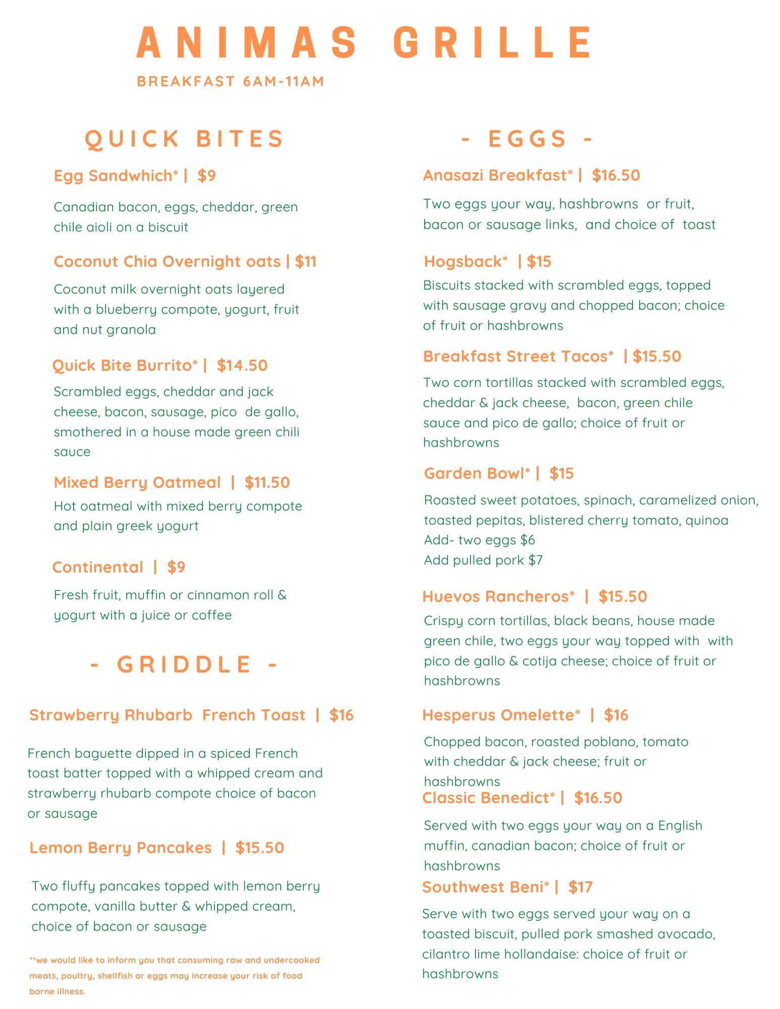 Menu at Animas River Beer Garden cafe, Durango