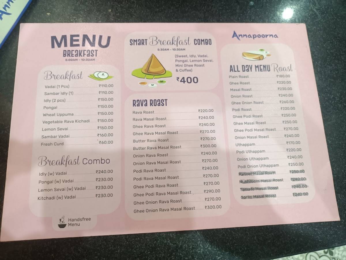 Menu at Annapoorna - Coimbatore International Airport Branch ...