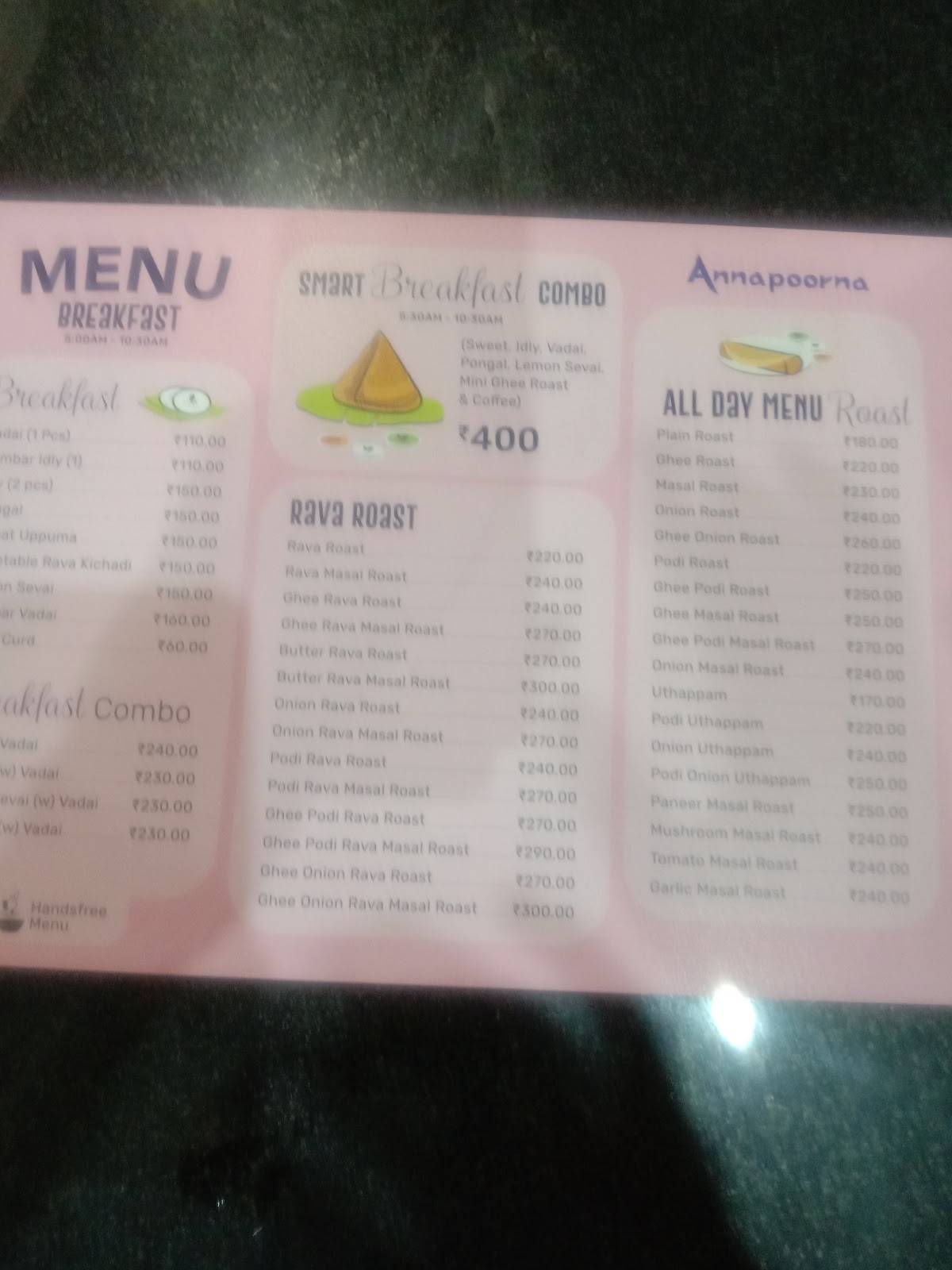 Menu at Annapoorna - Coimbatore International Airport Branch ...