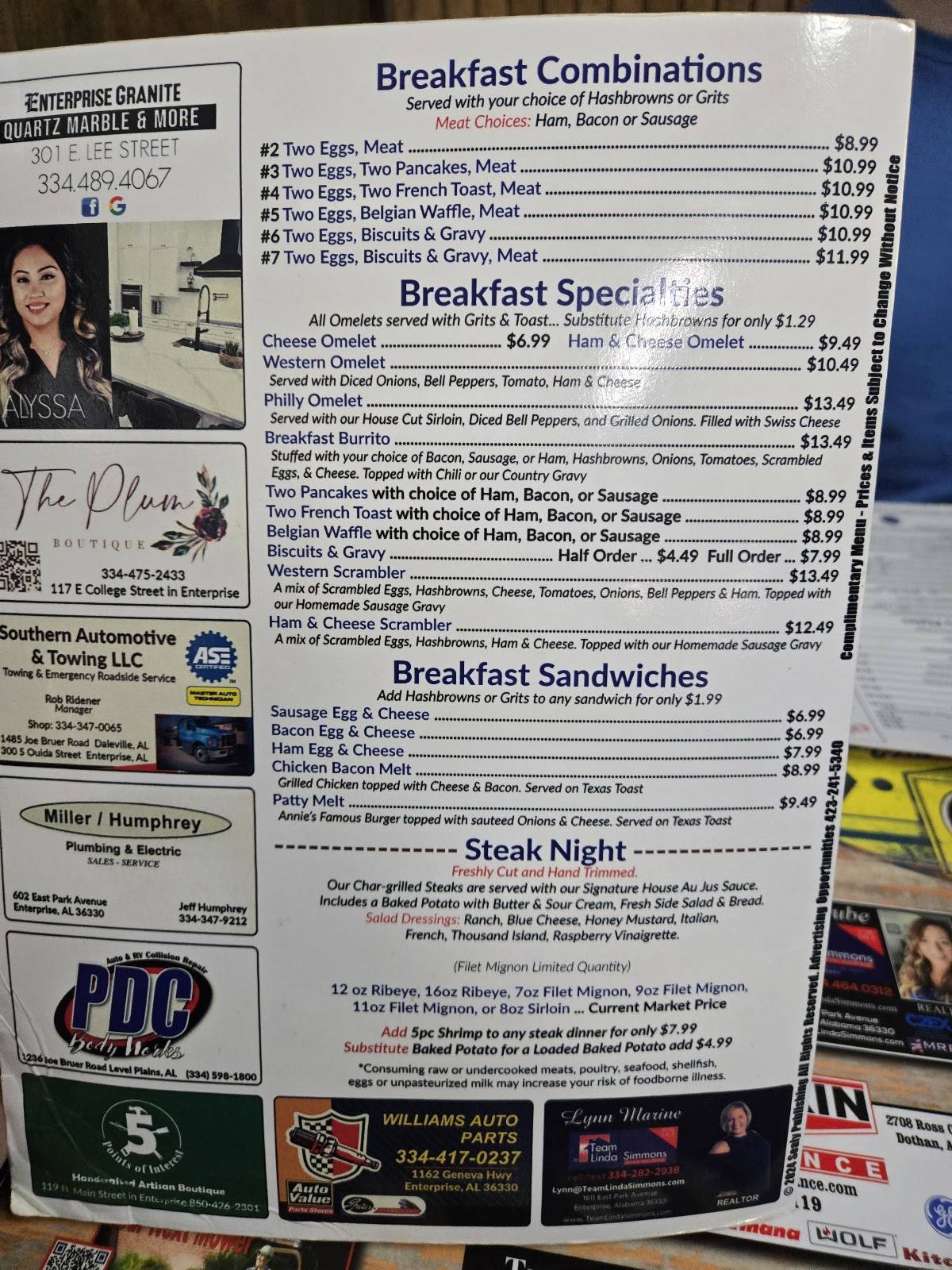 Menu at Annie's Cafe, Enterprise