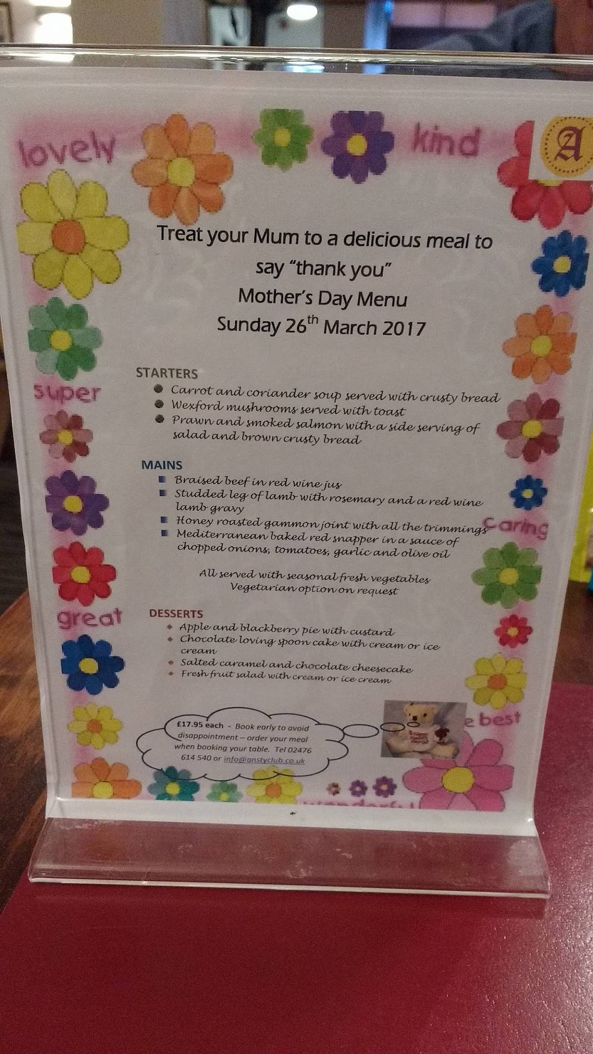 Menu at Ansty Club, Coventry