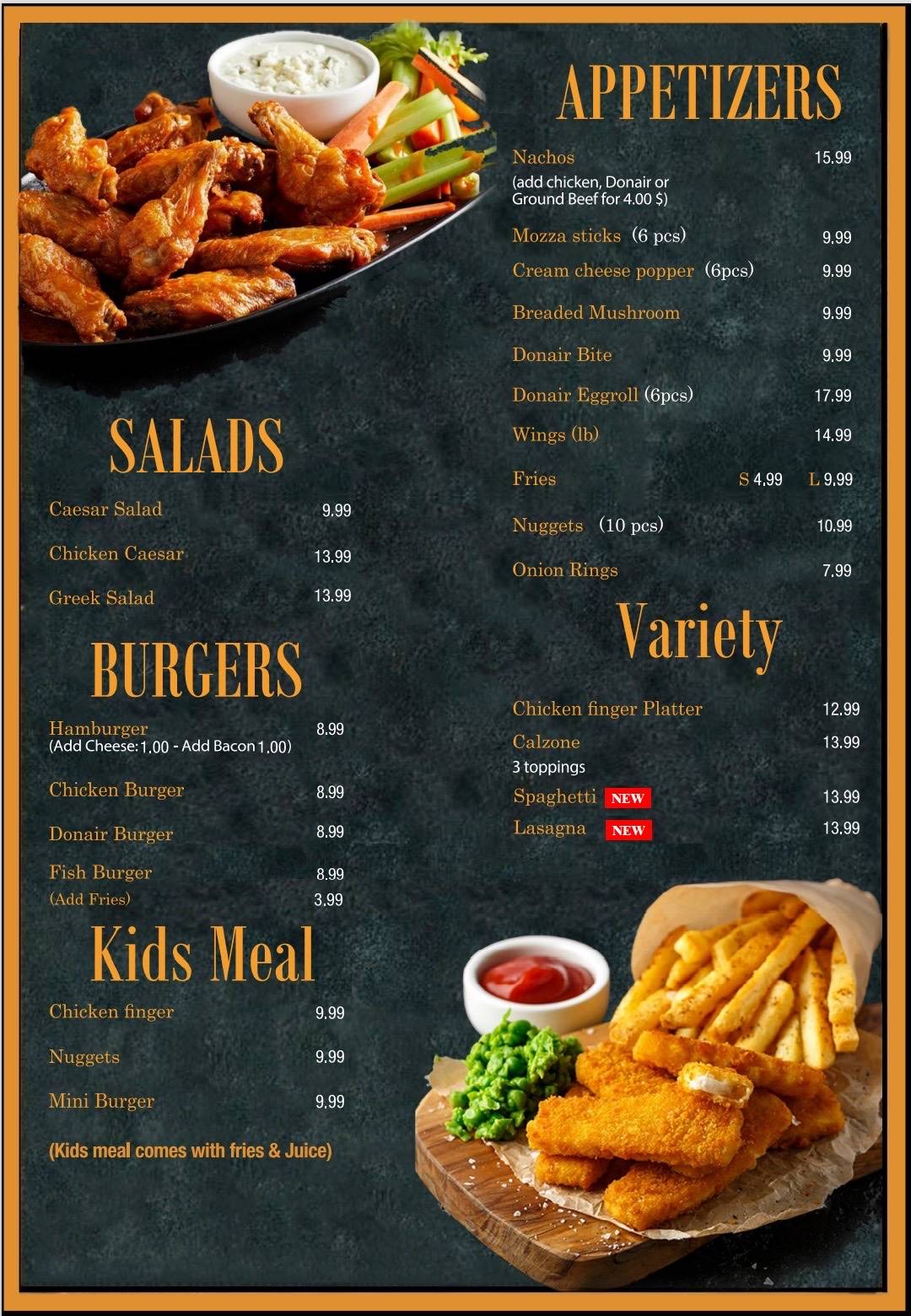 Menu at Anthony's Pizza restaurant, Saint-Antoine