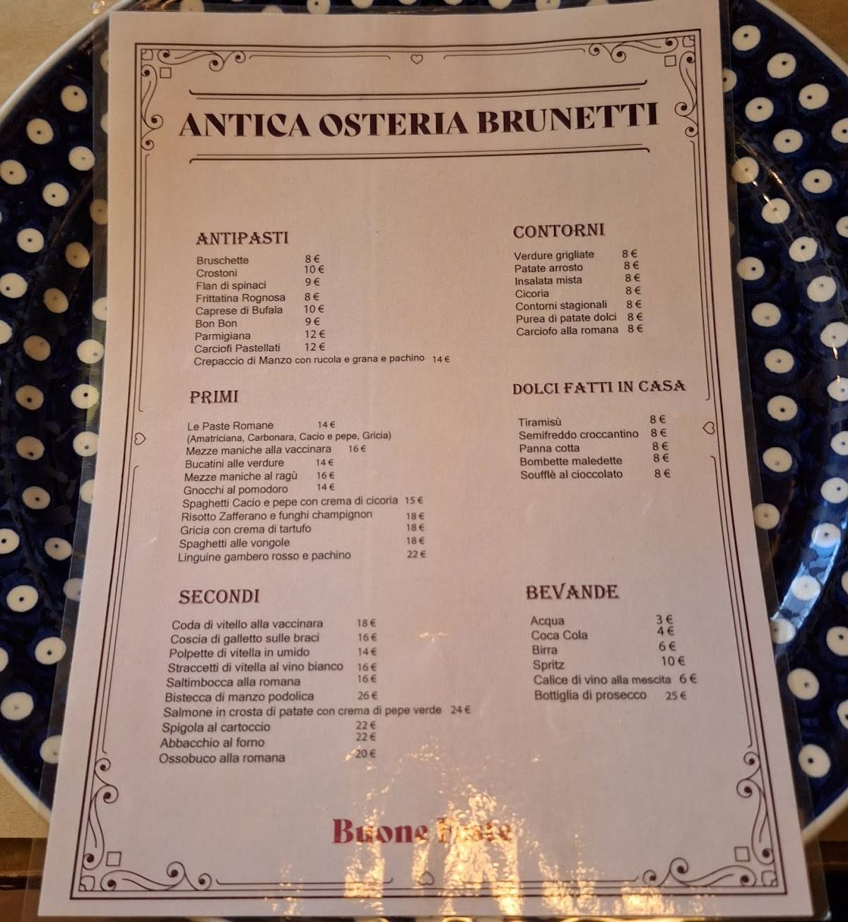 Menu at Antica Osteria Brunetti restaurant, Rome