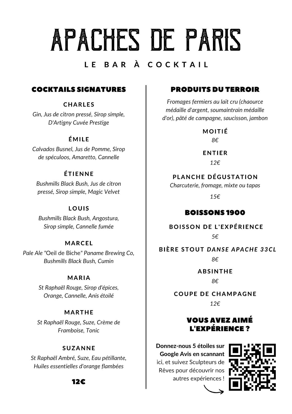Carta del pub y bar Apaches del Paris : Infiltration dans les gangs del ...