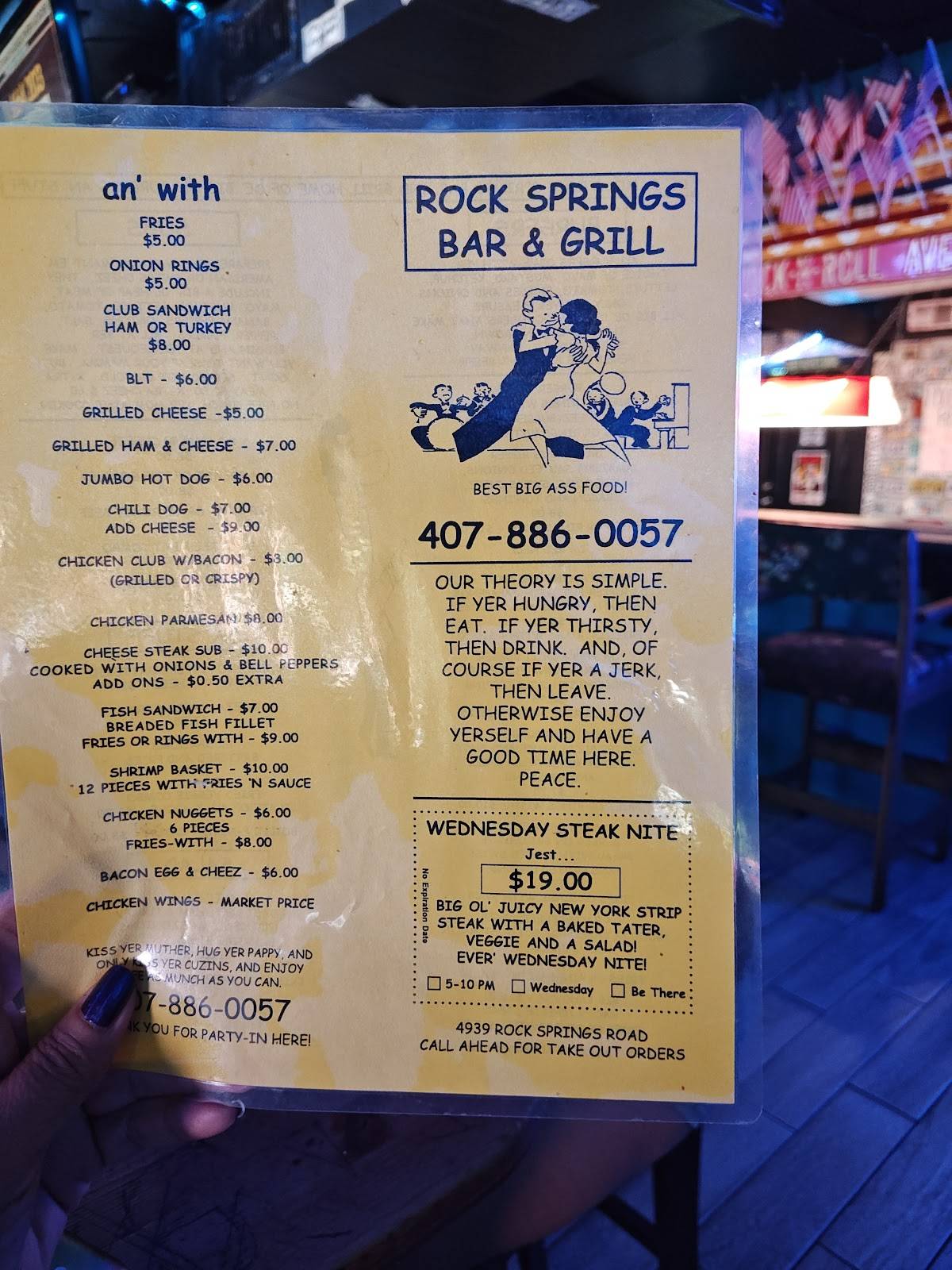 Menu at Rock Springs Bar & Grill, Apopka
