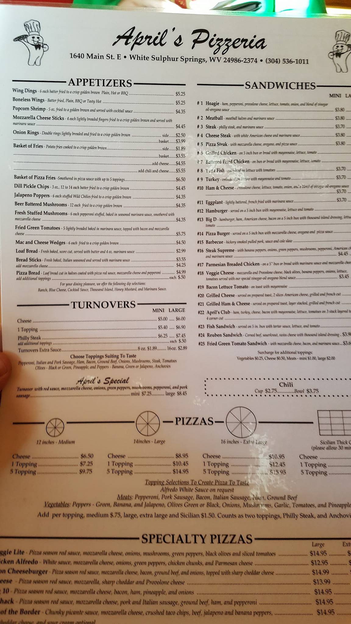 Menu at April's Pizzeria, White Sulphur Springs, 705 Main St E