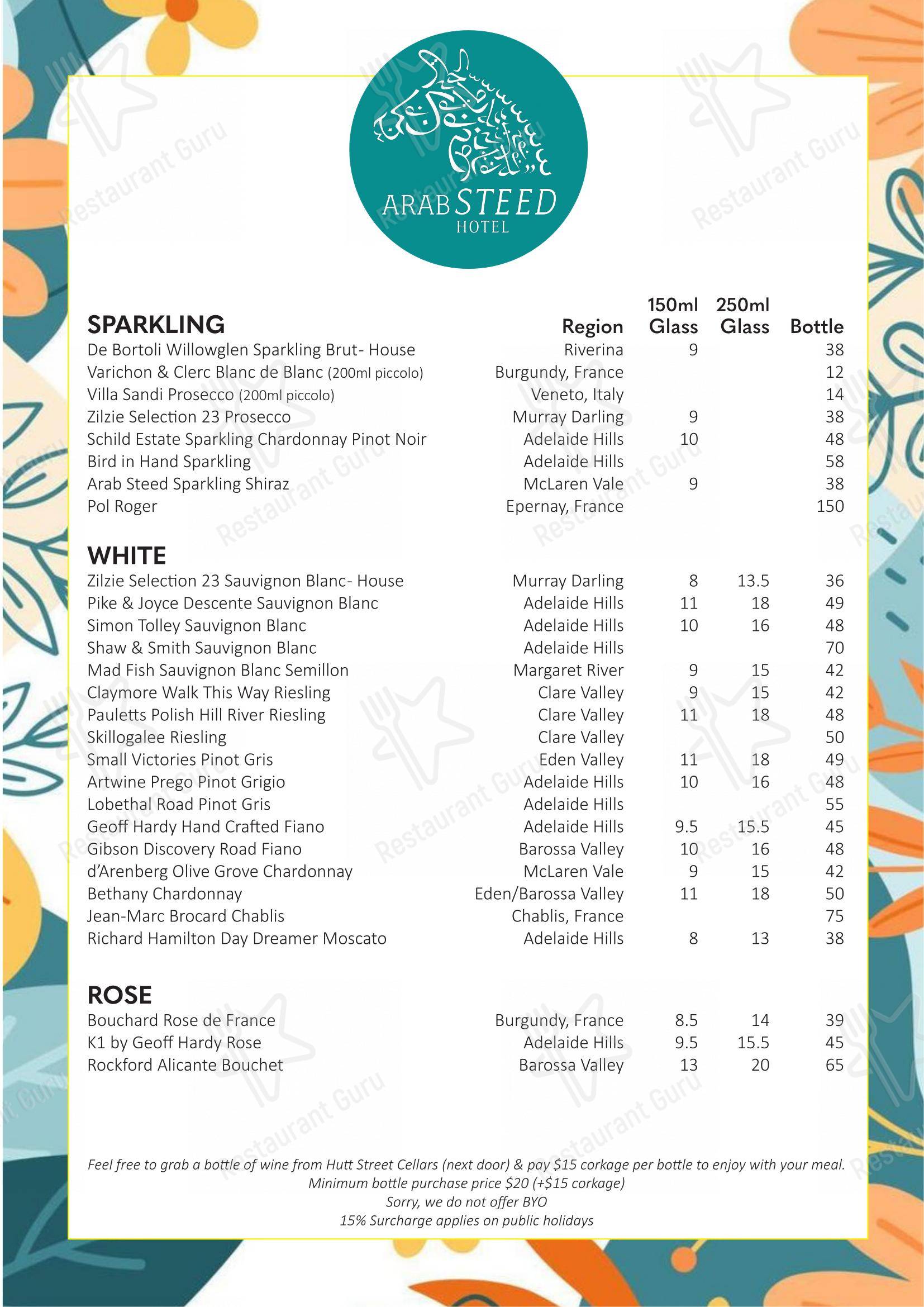 Menu at Arab Steed Hotel restaurant, Adelaide