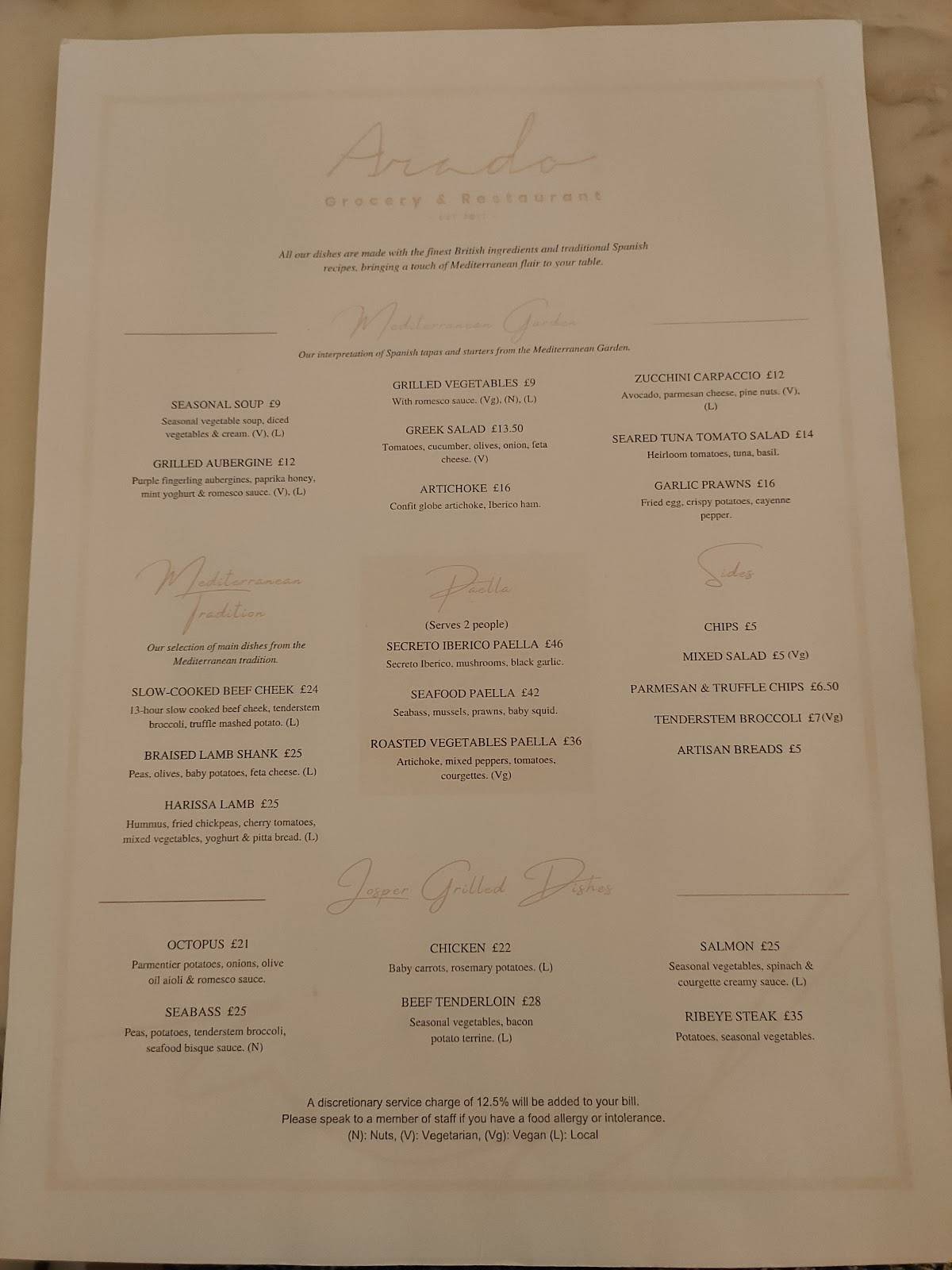 Carta de Arado Restaurant, Londres