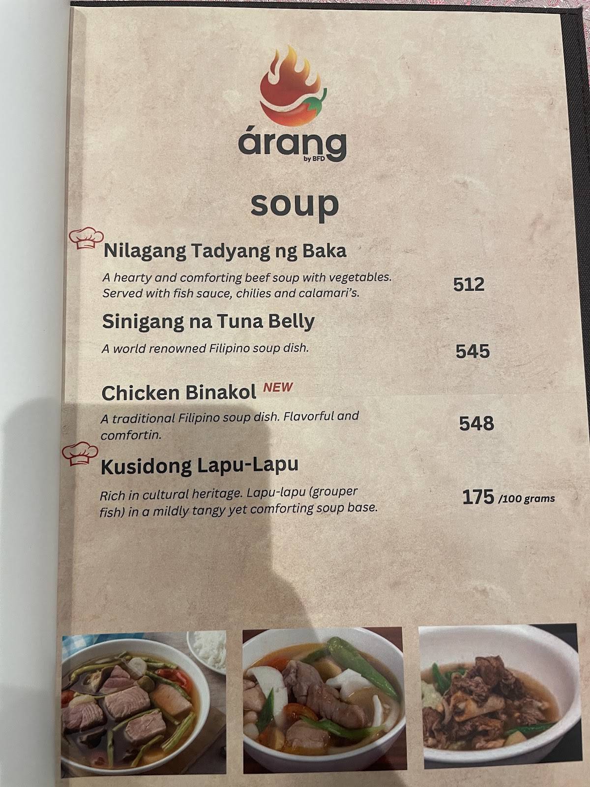 Menu at Arang Resto Bar, Legazpi City