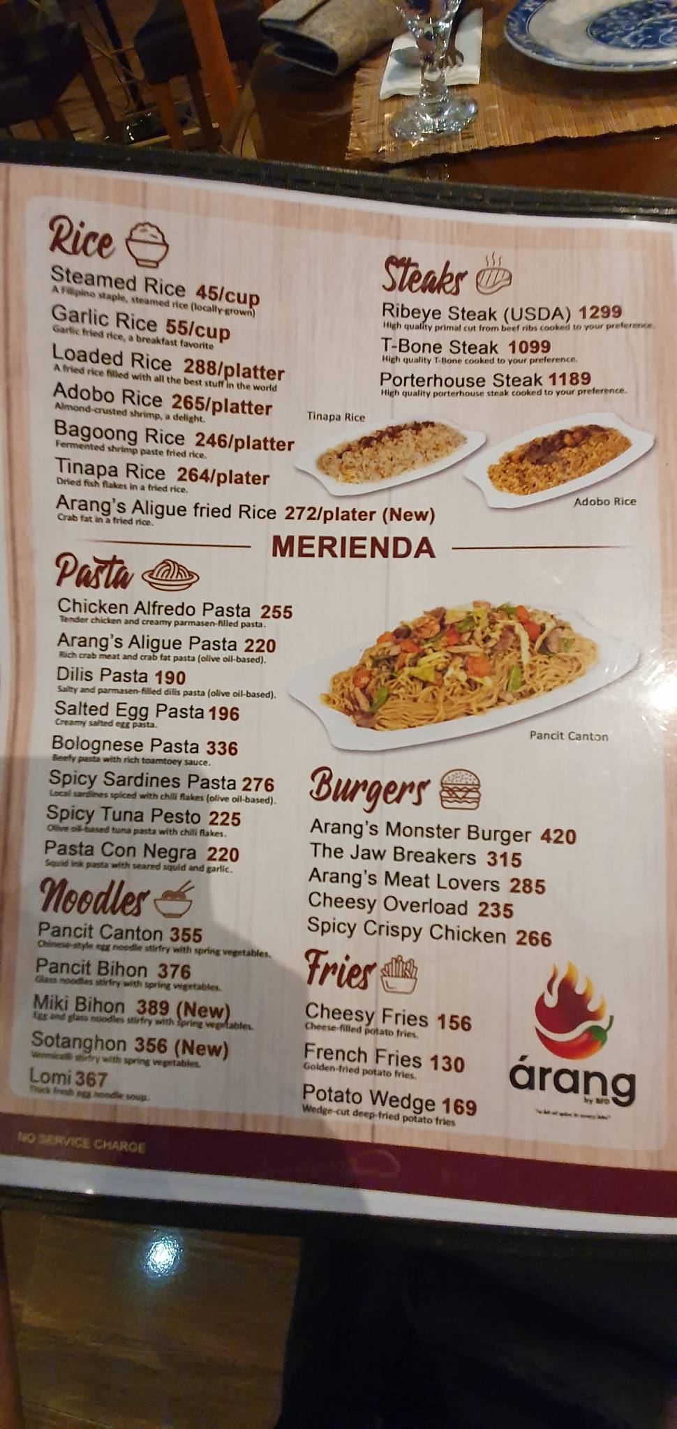 Carta de Arang Resto Bar, Legazpia