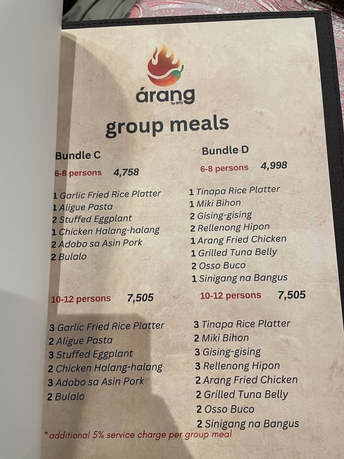 Menu at Arang Resto Bar, Legazpi City