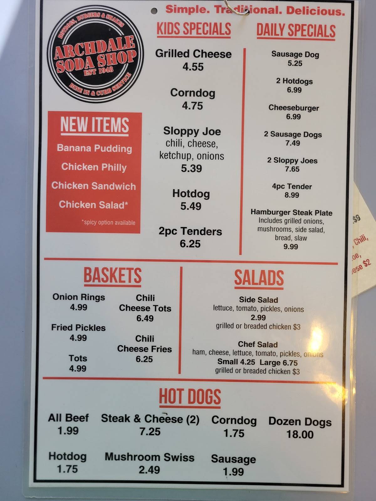 Menu at Archdale Soda Shop restaurant, Archdale