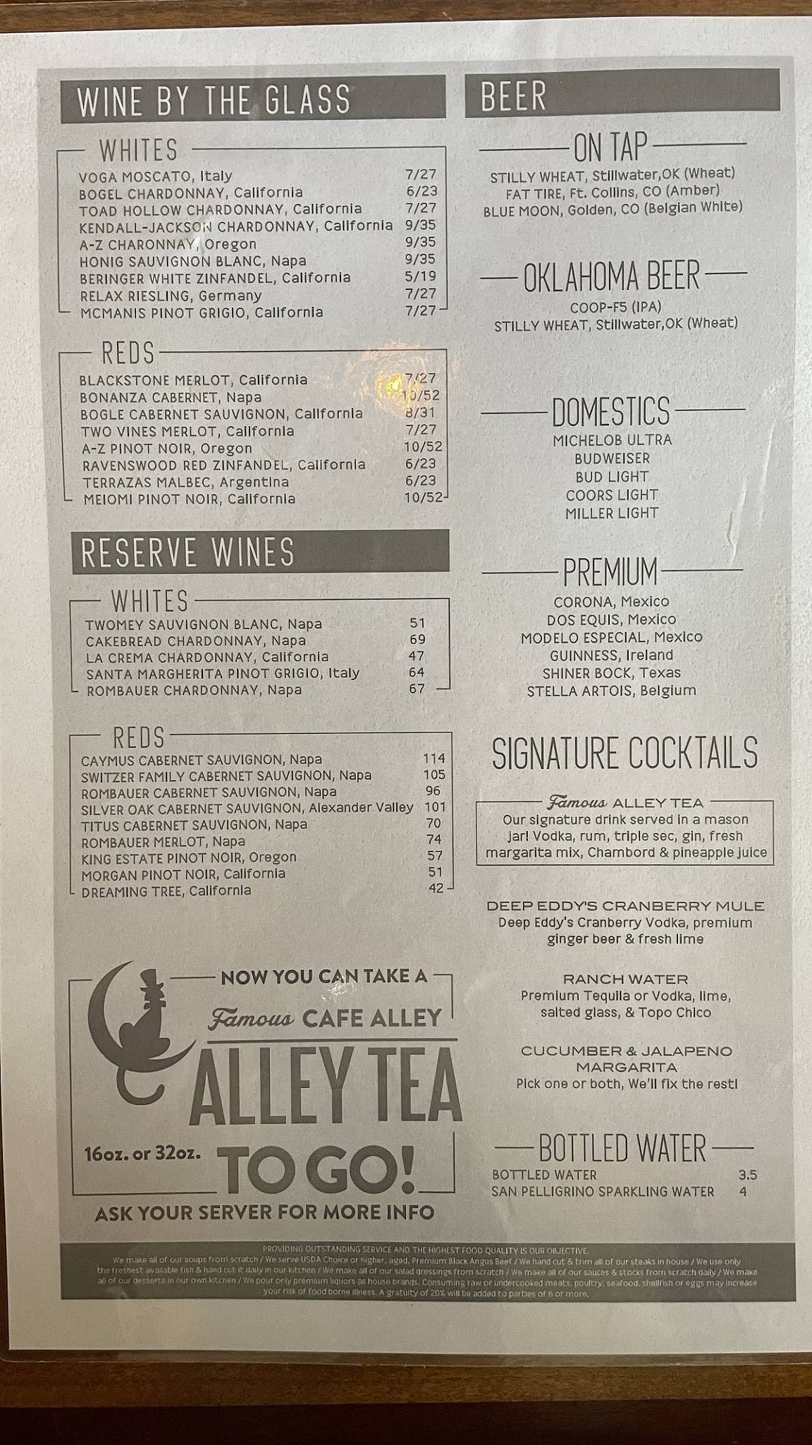 Menu at Cafe Alley, Ardmore, 126 A St NE