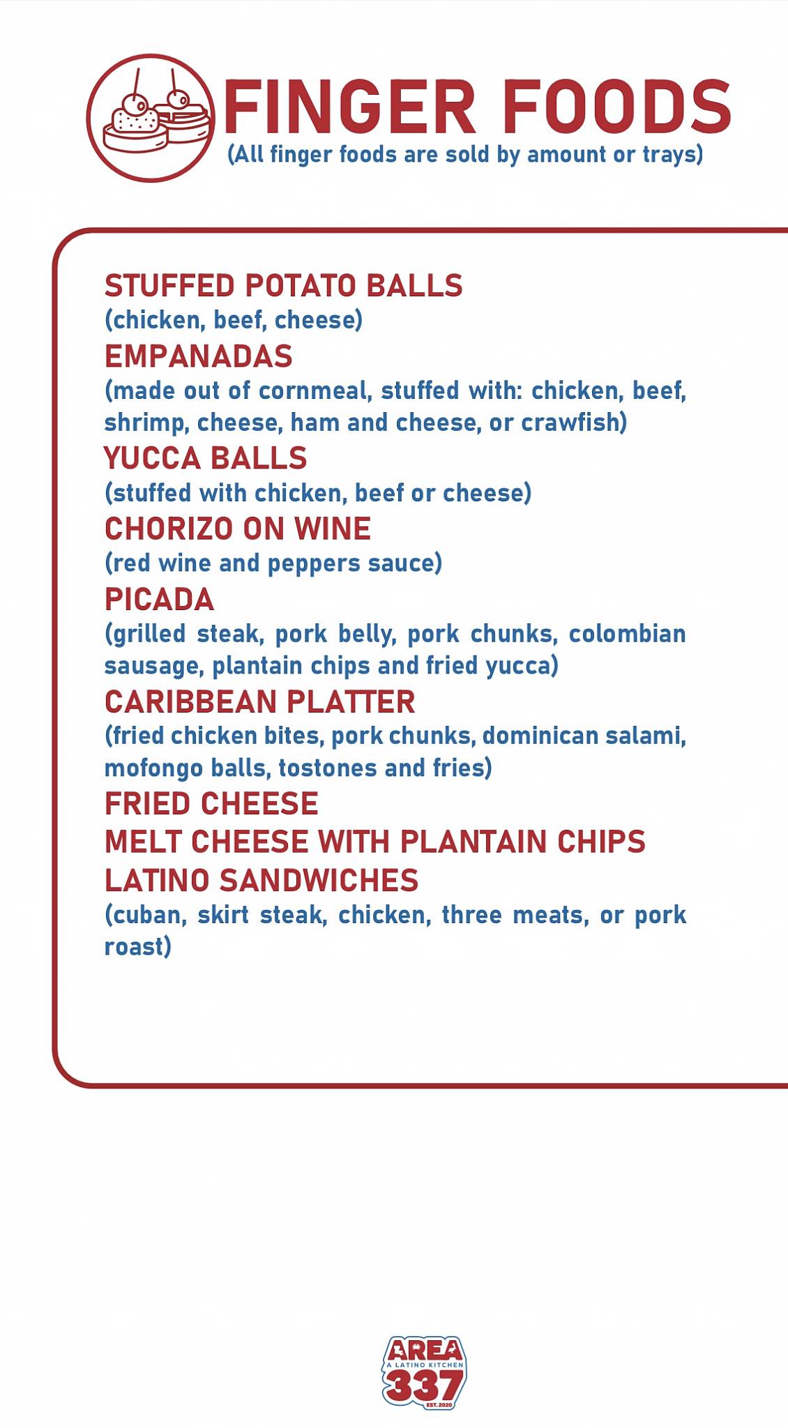 Menu at Area 337 restaurant, Lake Charles