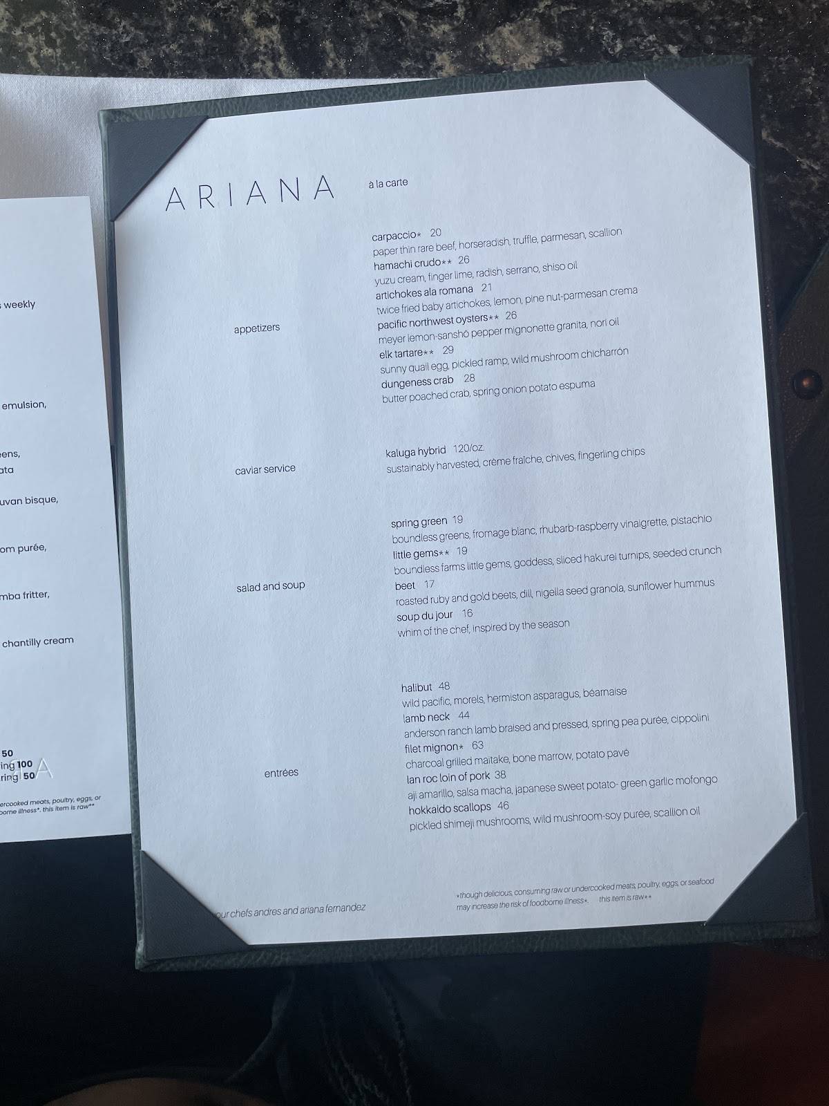 Menu at Ariana Restaurant, Bend