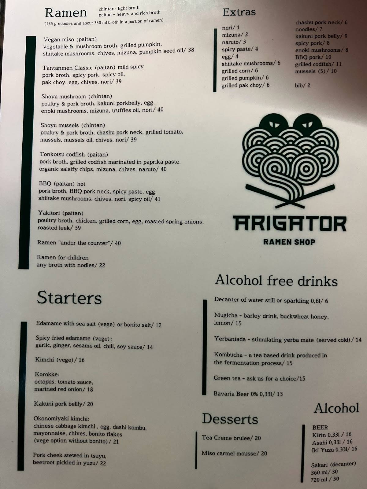 Menu at Arigator Ramen Shop restaurant, Warsaw