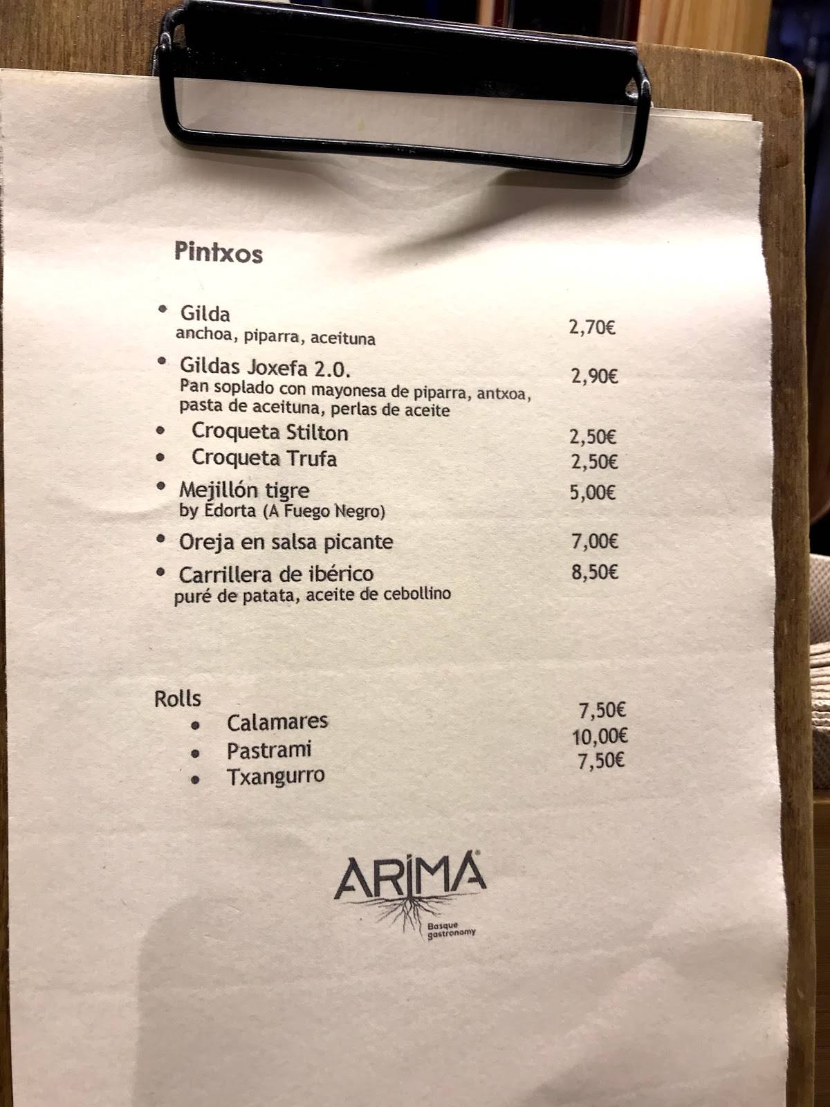 Carta de Restaurante Arima, Madrid
