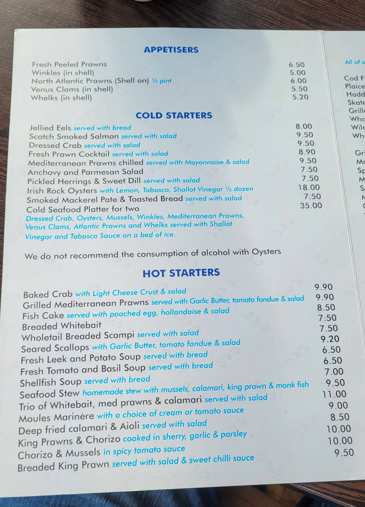 Menu at Ark Fish Restaurant, London