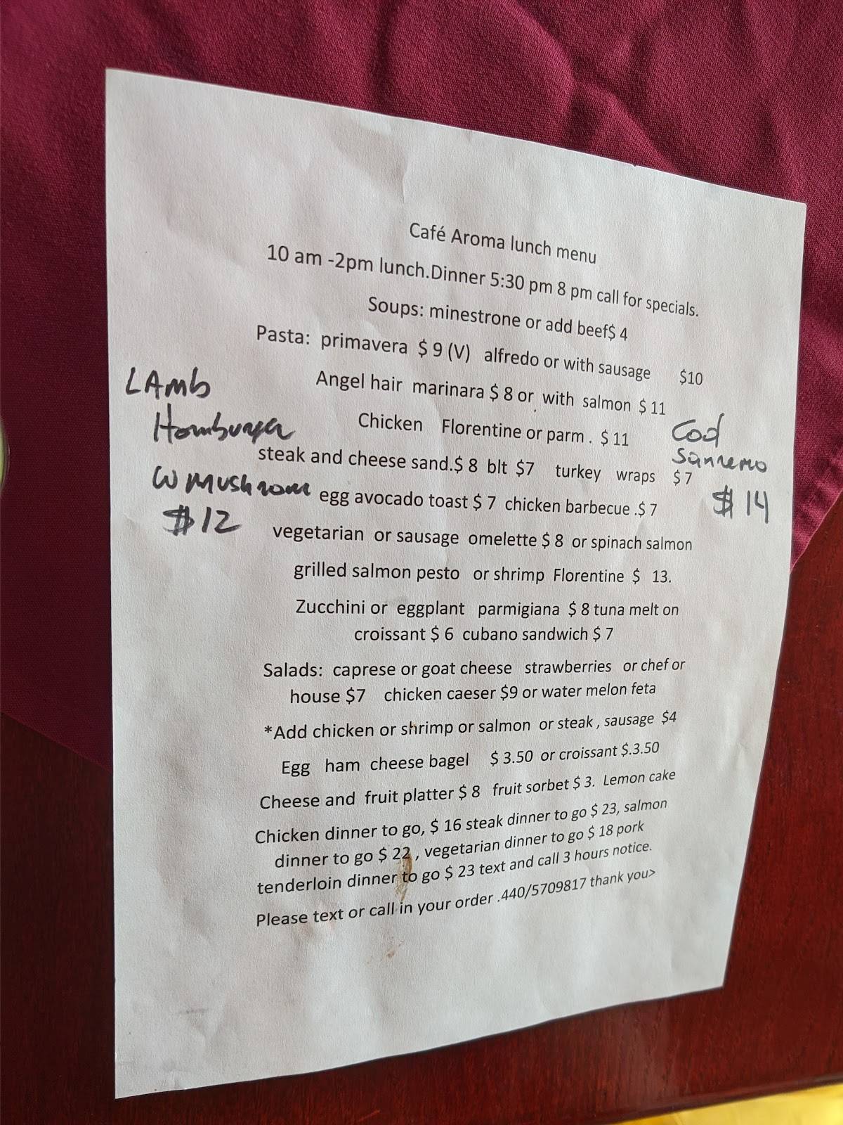 Menu at Aroma Cafe, Rocky River