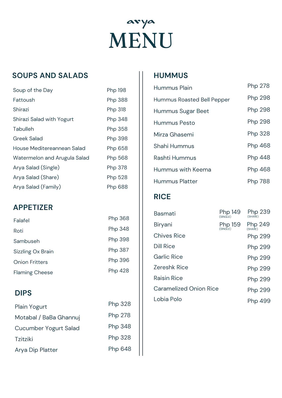 Menu at Arya Persian Restaurants, Mandaluyong, 6th Level East Wing Unit ...