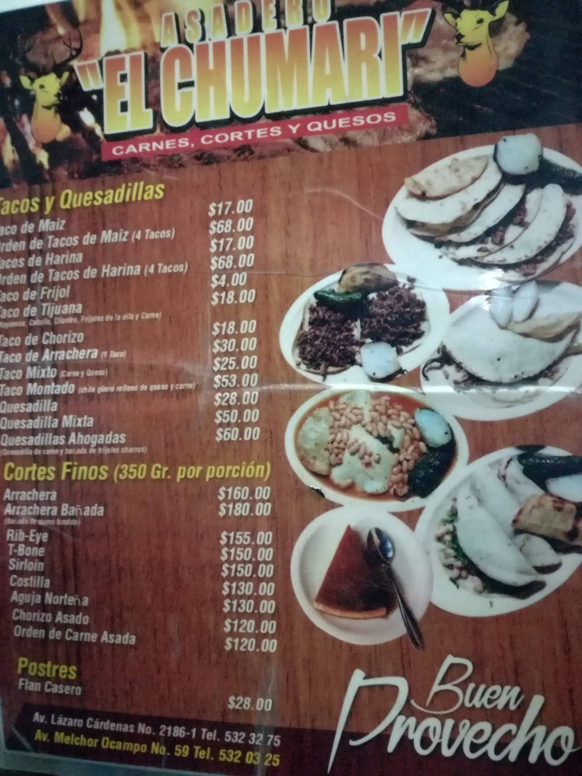 Carta del restaurante Asadero Chumari 1, Lázaro Cárdenas